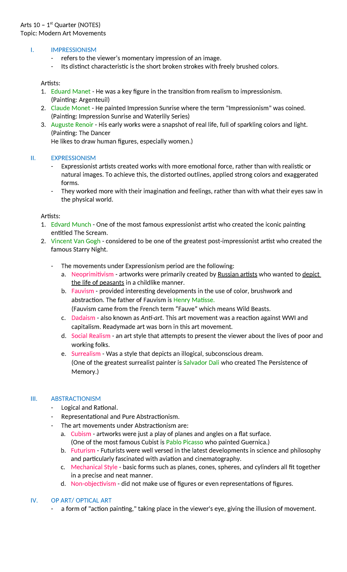 Arts-10- Notes- Modern-ART - Arts 10 – 1st Quarter (NOTES) Topic ...