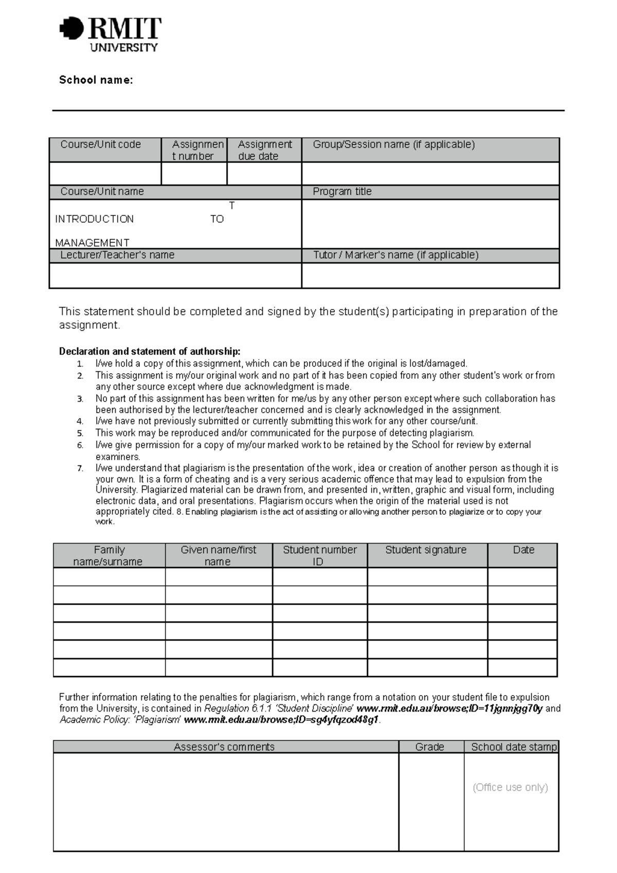 Assignment task 1 - Analysis paper - Individual - School name: Course ...