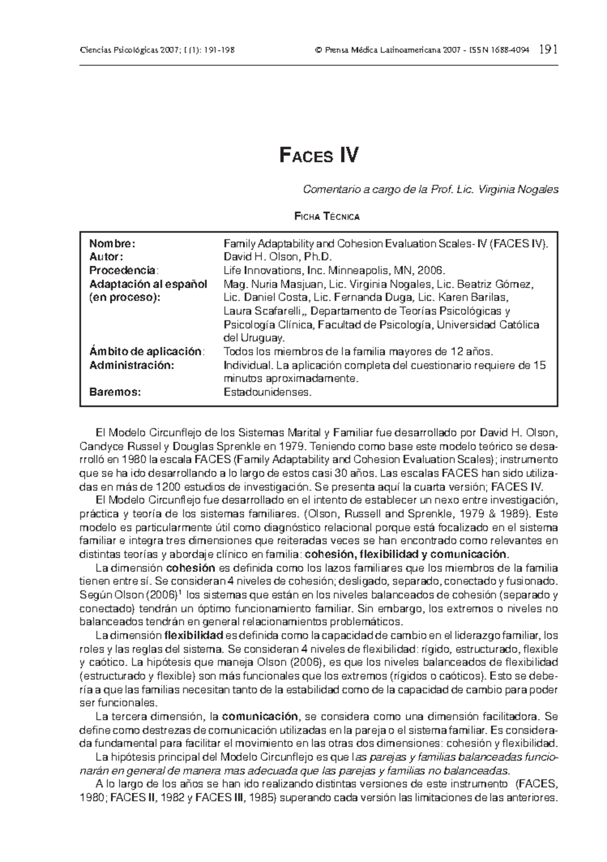 Faces IV - ESCALA - Ciencias Psicológicas 2007; I (1): 191-198 © Prensa Médica Latinoamericana ...