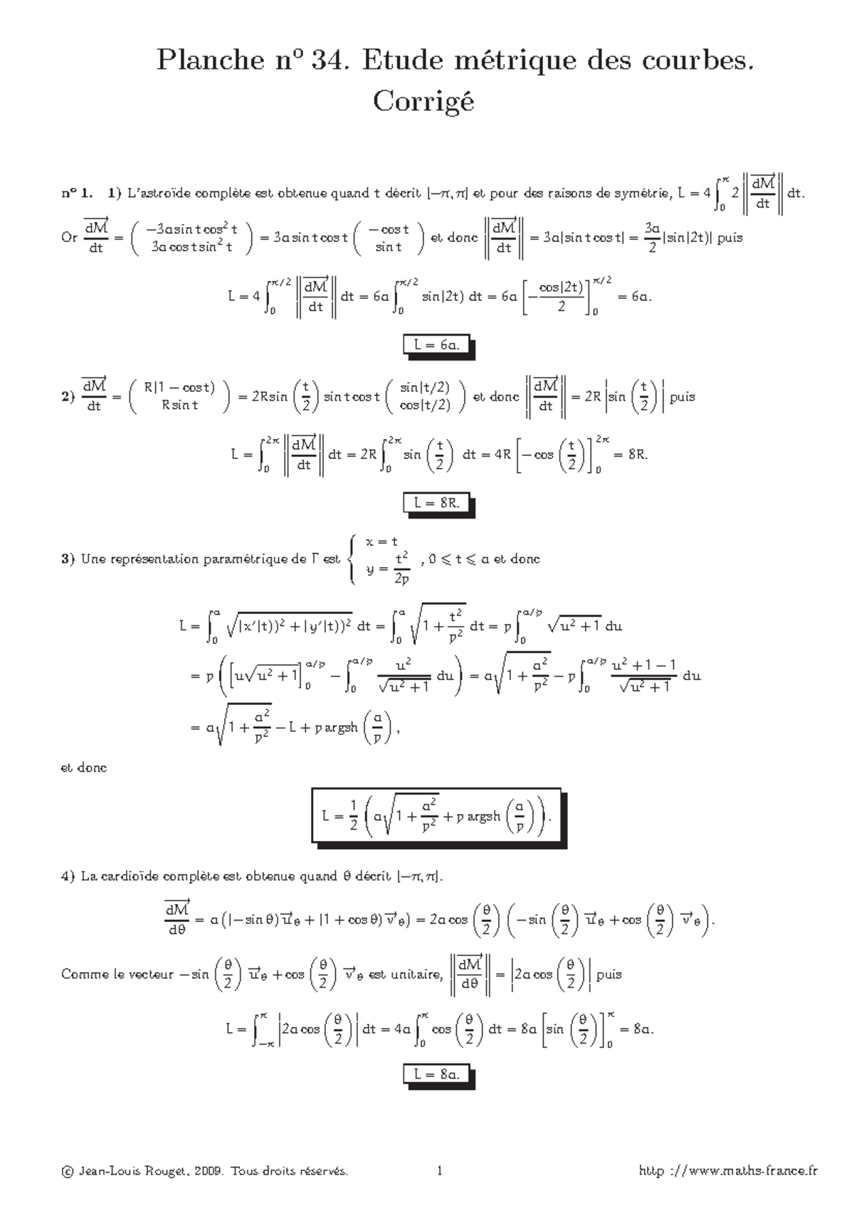 34 Etude Metrique Des Courbes Corrige - Planche n o 34. Etude métrique des courbes. Corrigé n o ...