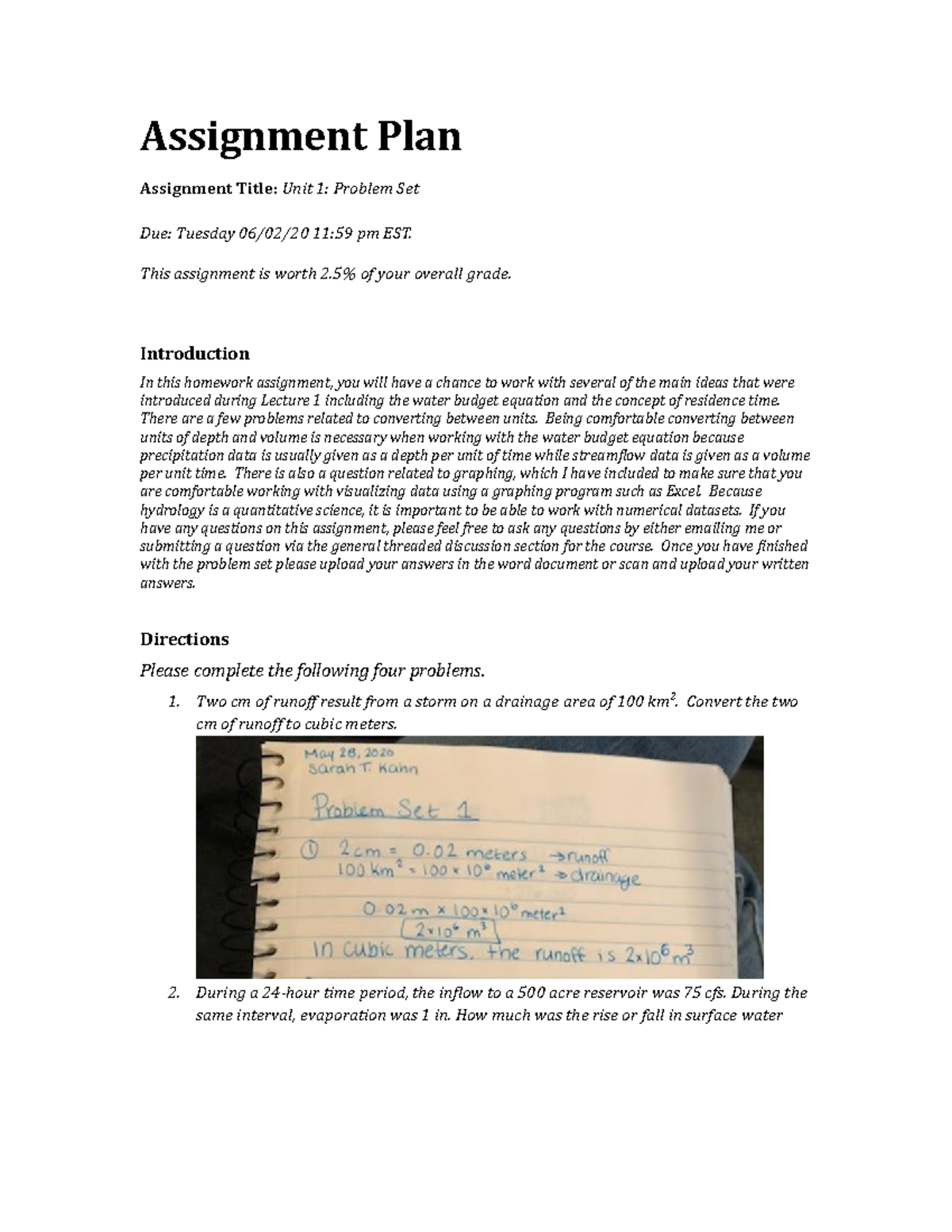 Problem Set number 1 - Assignment Plan Assignment Title: Unit 1 ...