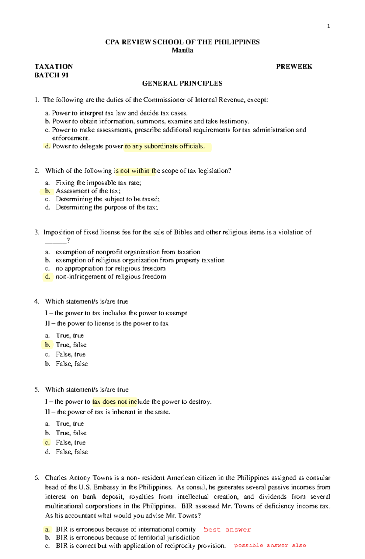 CPAR TAX Preweek(2) Batch 91 - TAXATION BATCH 1. The following are the d a. Power to interpret ...