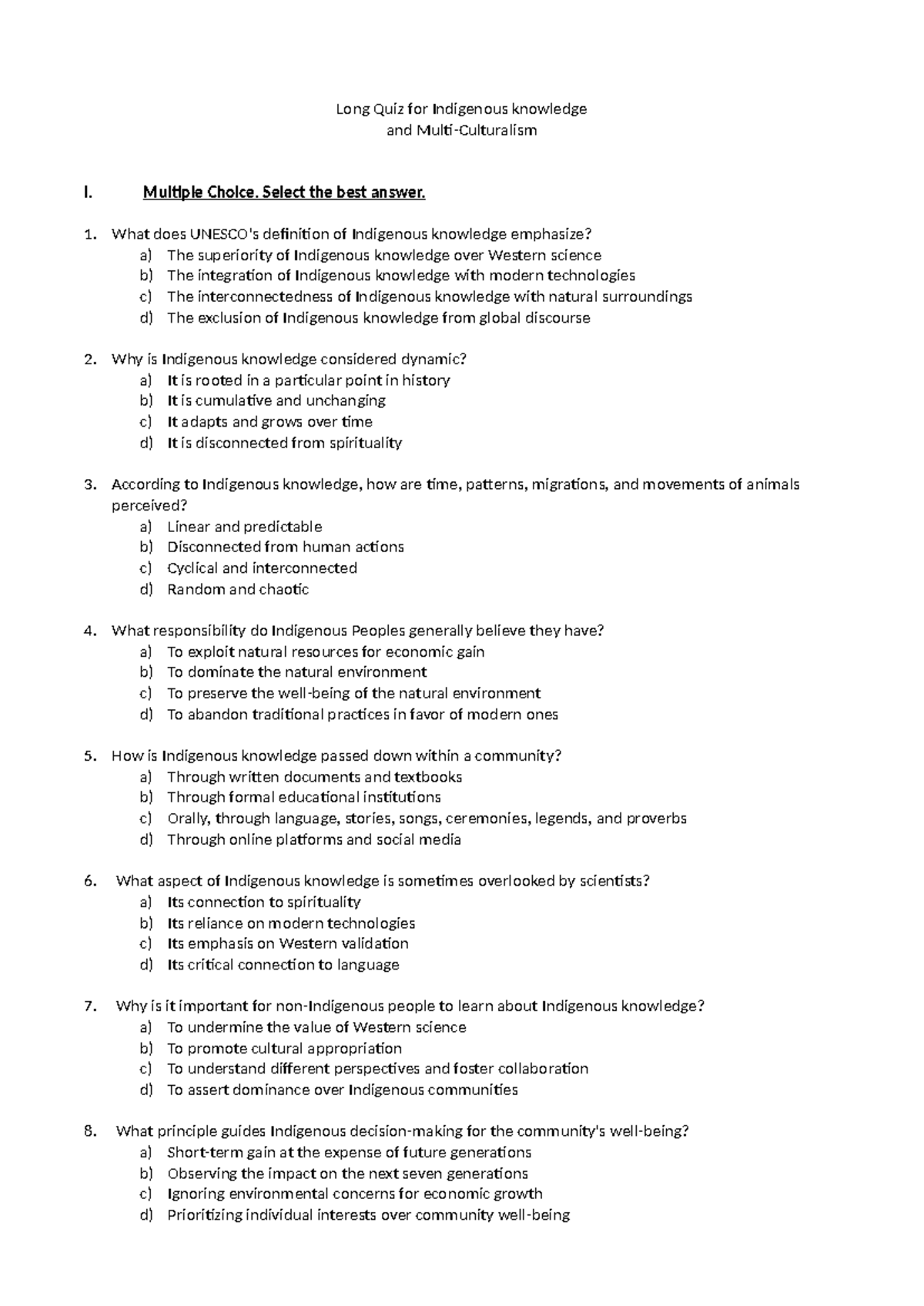 Long Quiz for Indigenous knowledge - Multiple Choice. Select the best ...