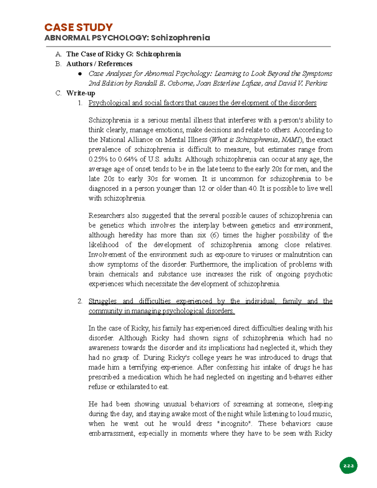 Abnormal Psychology Sample CASE Study Schizophrenia - CASE STUDY ...