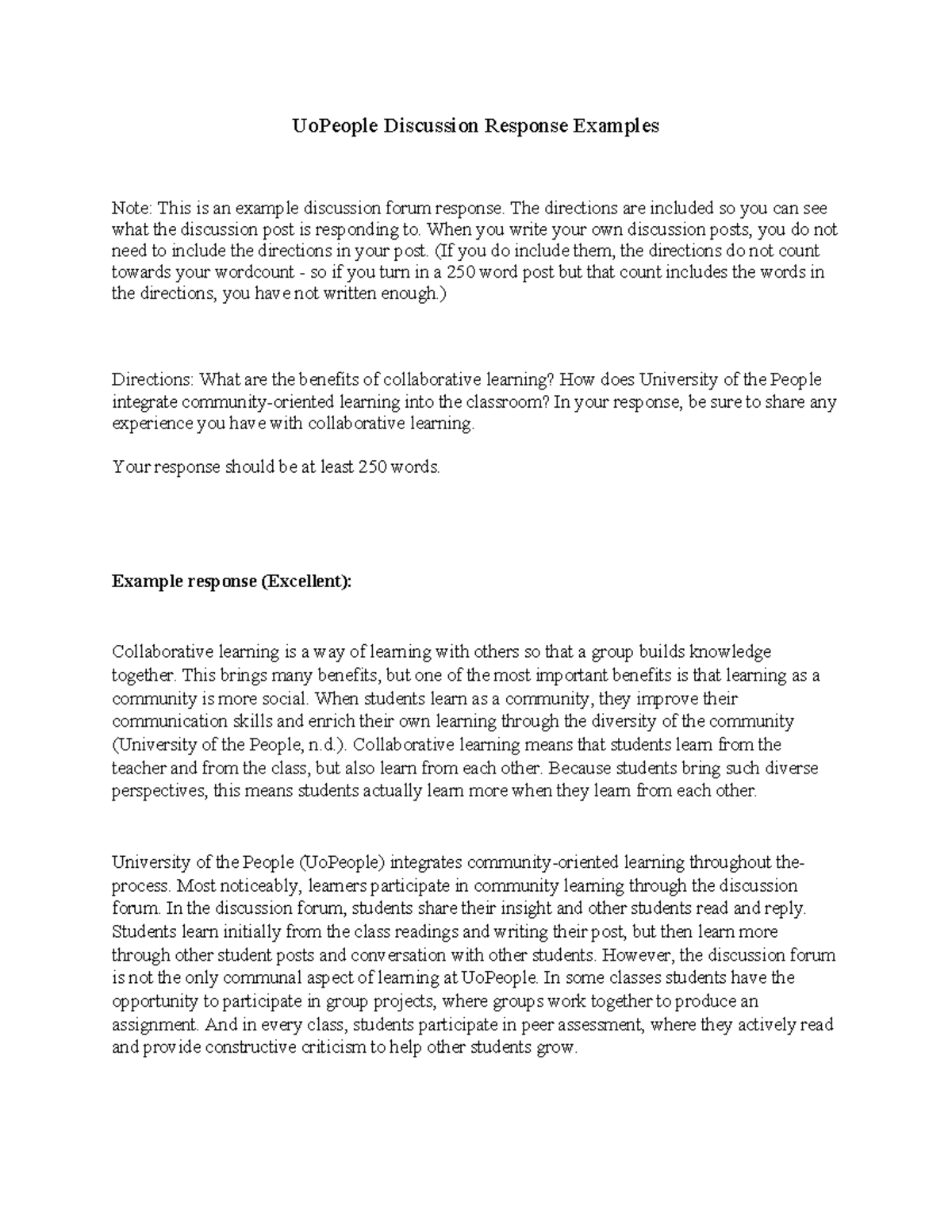 Example-Discussion Post - UoPeople Discussion Response Examples Note ...