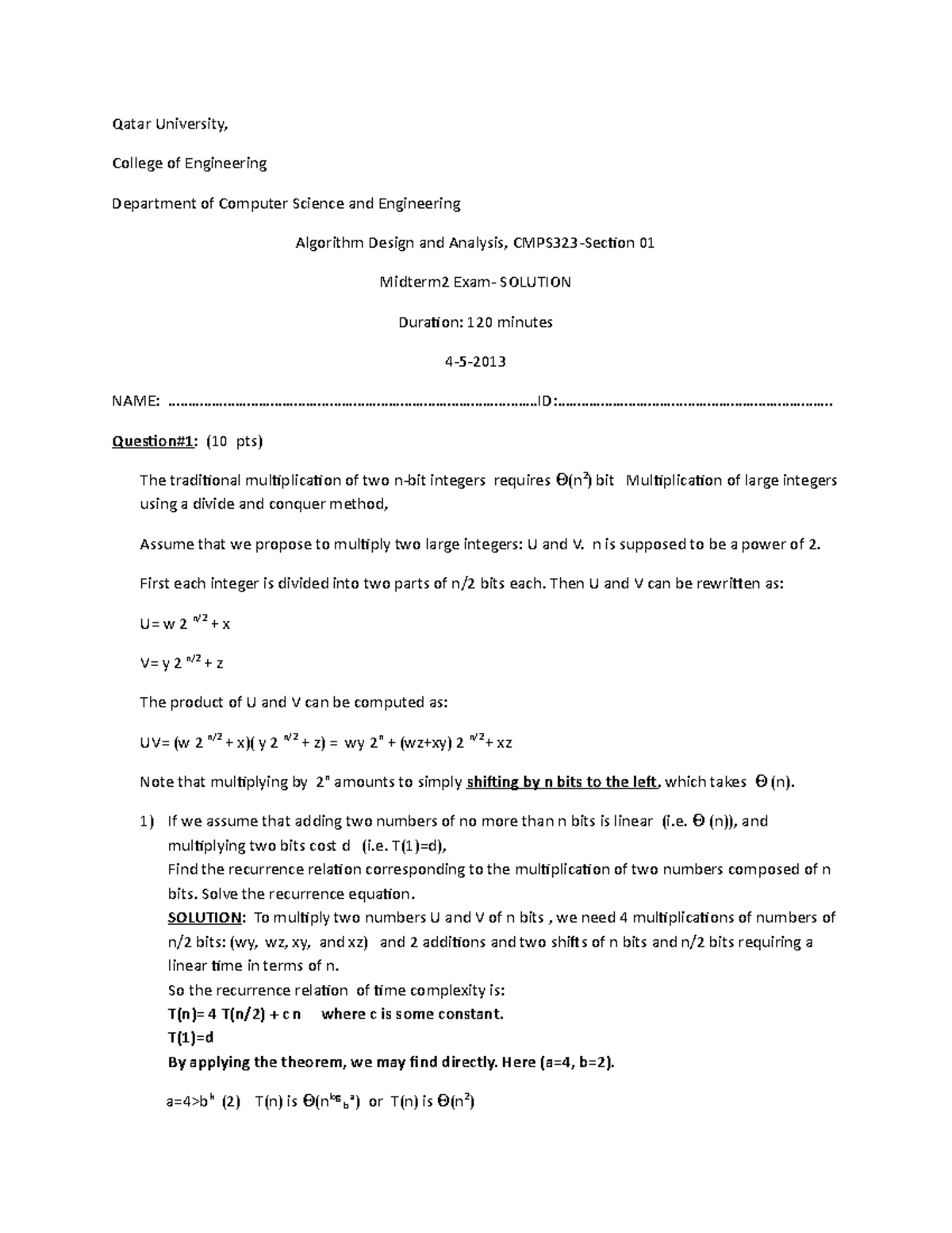 Midterm 4 5 13 solution - Qatar University, College of Engineering Department of Computer ...