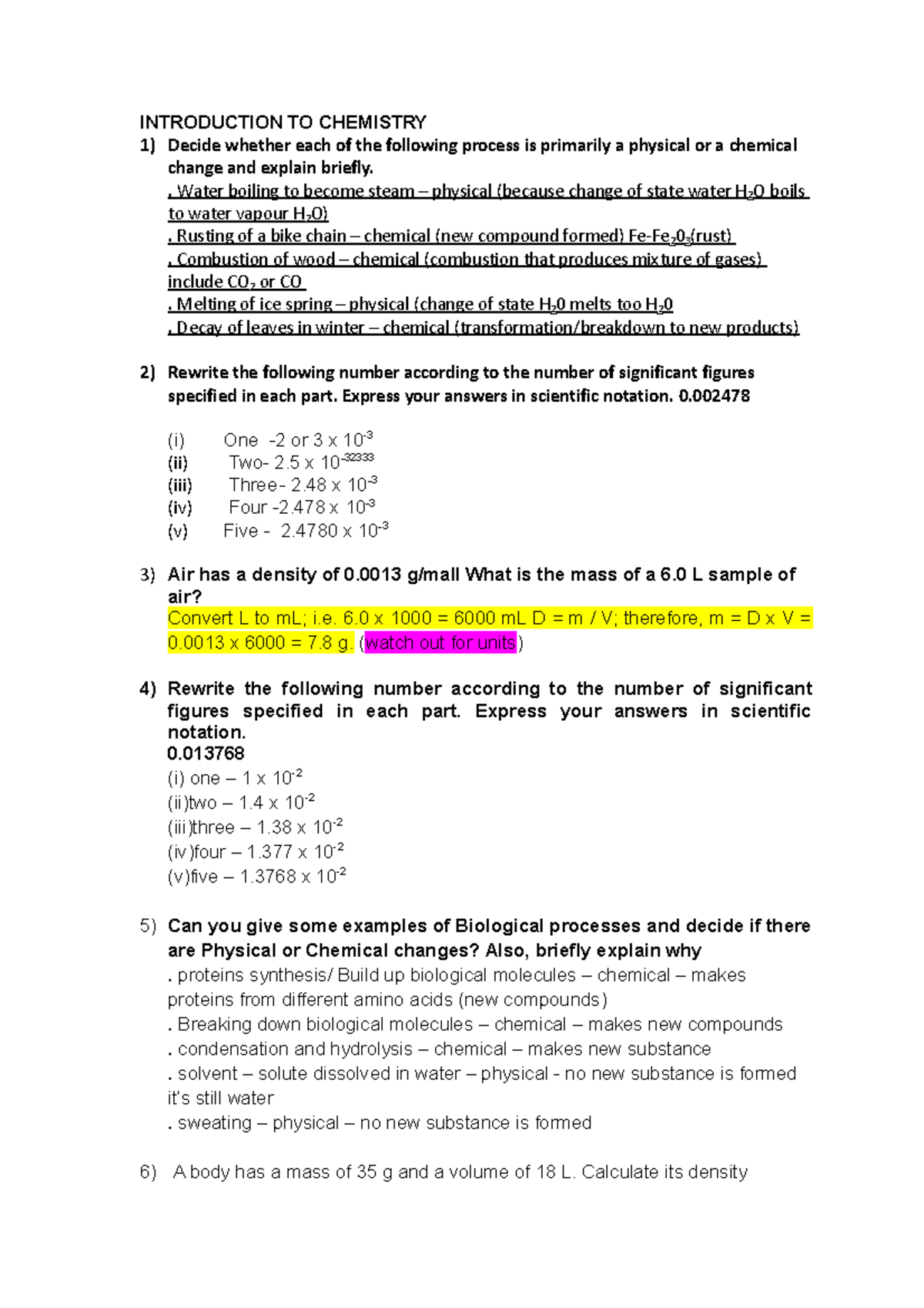 Chemistry final exam practices - INTRODUCTION TO CHEMISTRY Decide ...