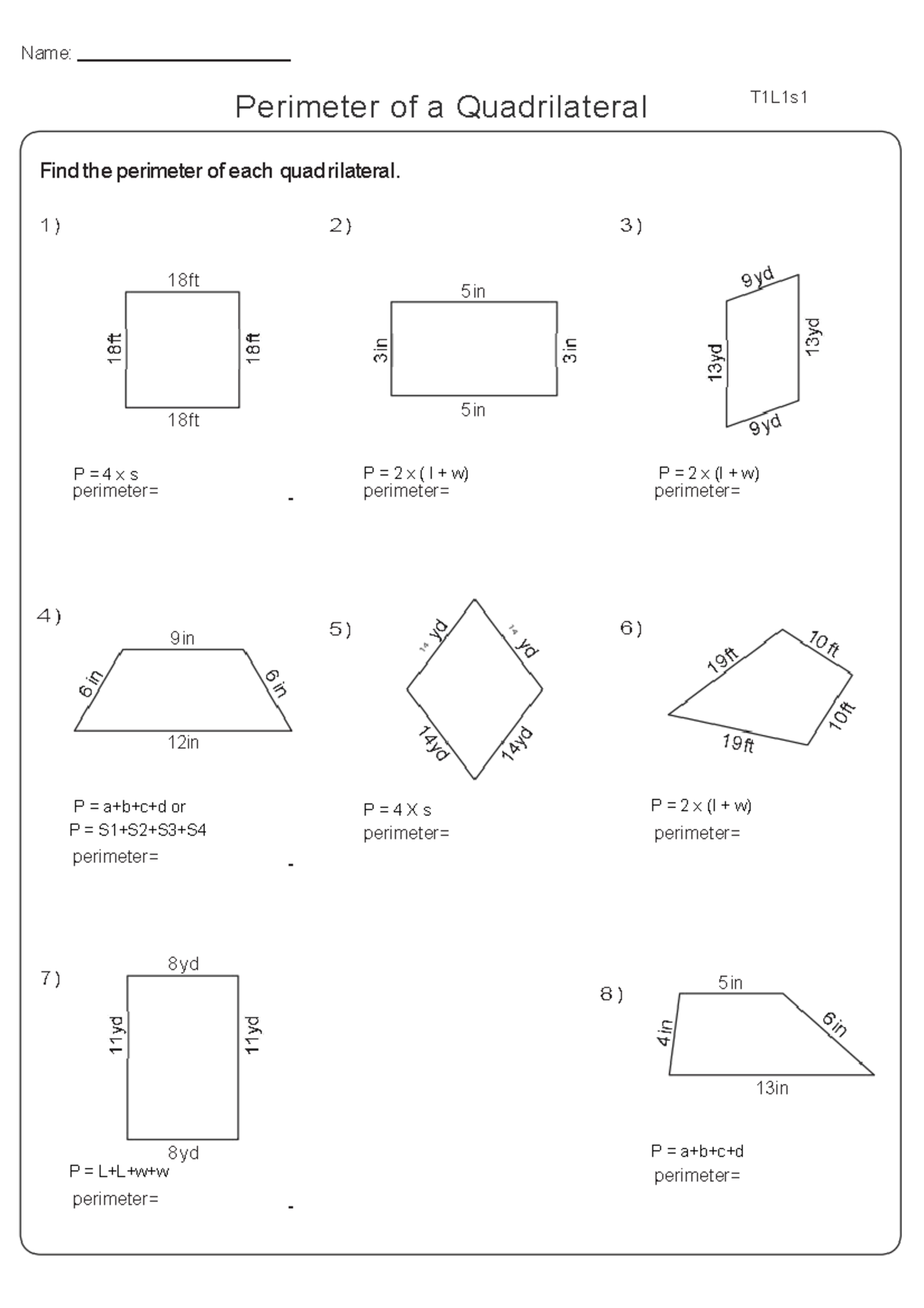 Finding the perimeter worksheet - Name: Perimeter of a Quadrilateral ...