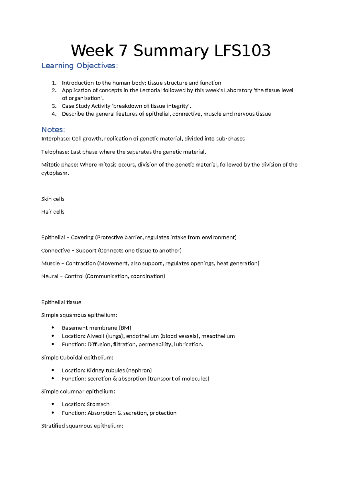 Week 7 Summary LFS103 - Week 7 Summary LFS Learning Objectives: 1. Introduction to the human ...