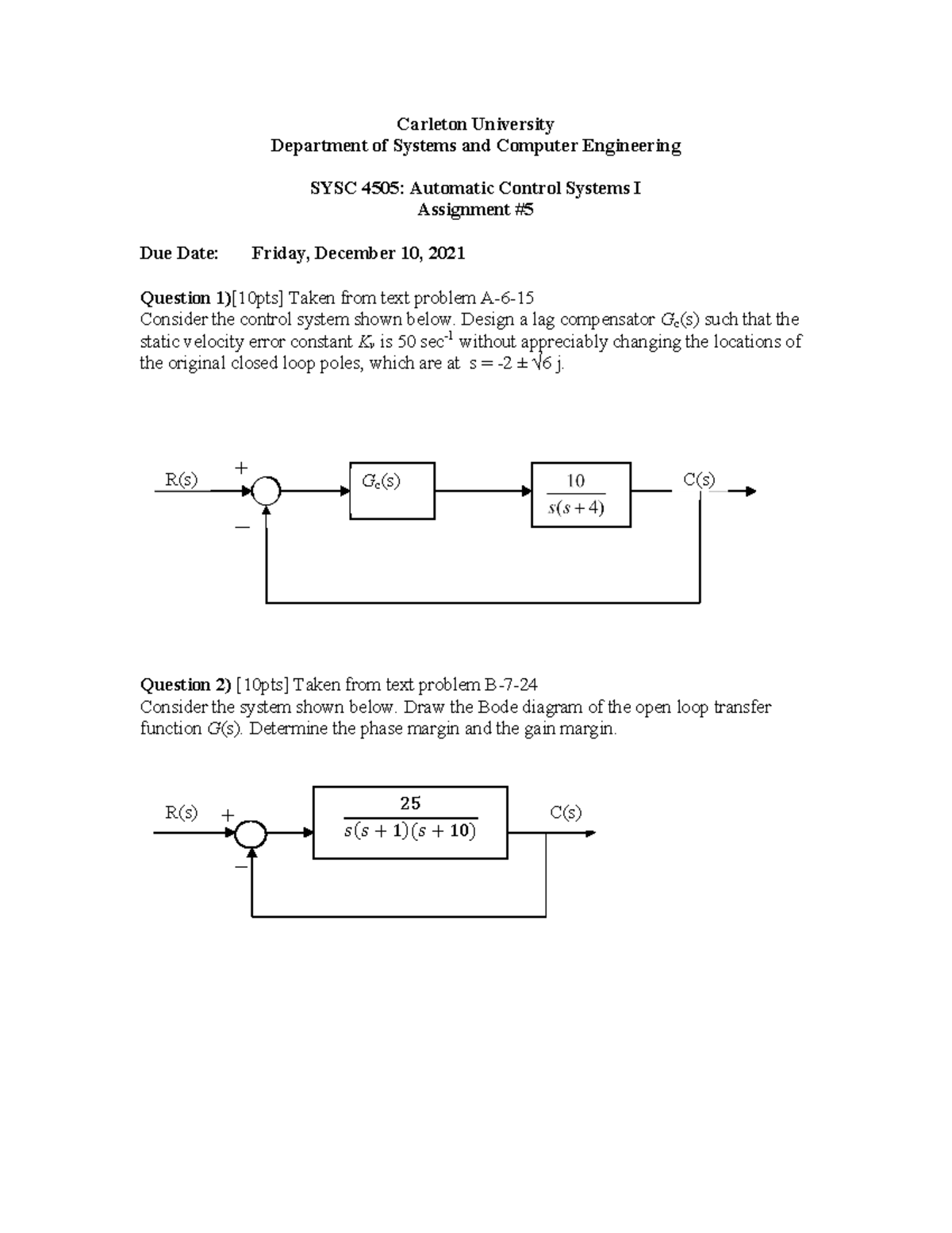 Assignment 5 - Carleton University Department of Systems and Computer Engineering SYSC 4505 ...