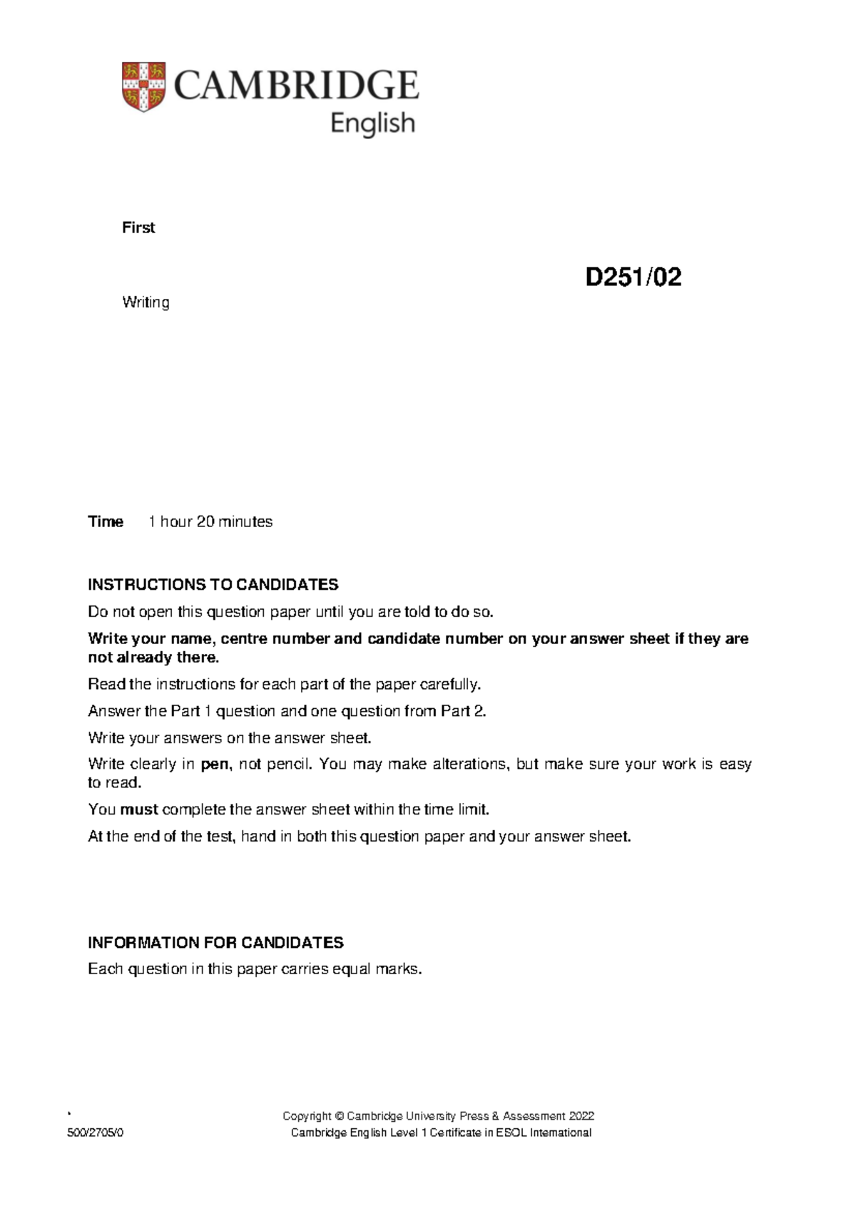 B2 First sample paper 1 Writing 2022 - First D251/ Writing Time 1 hour ...