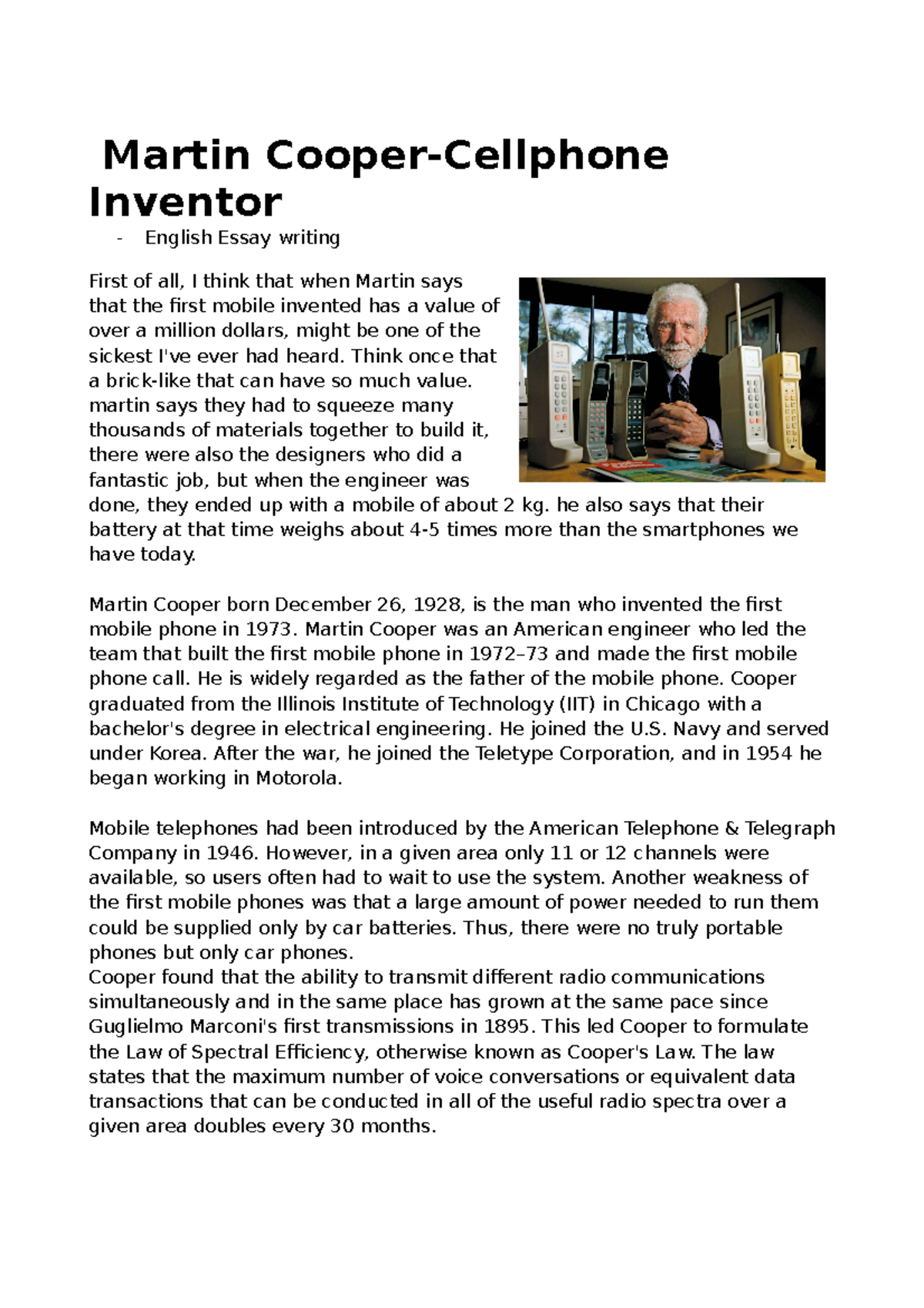 Martin Cooper - Martin Cooper-Cellphone Inventor English Essay writing ...