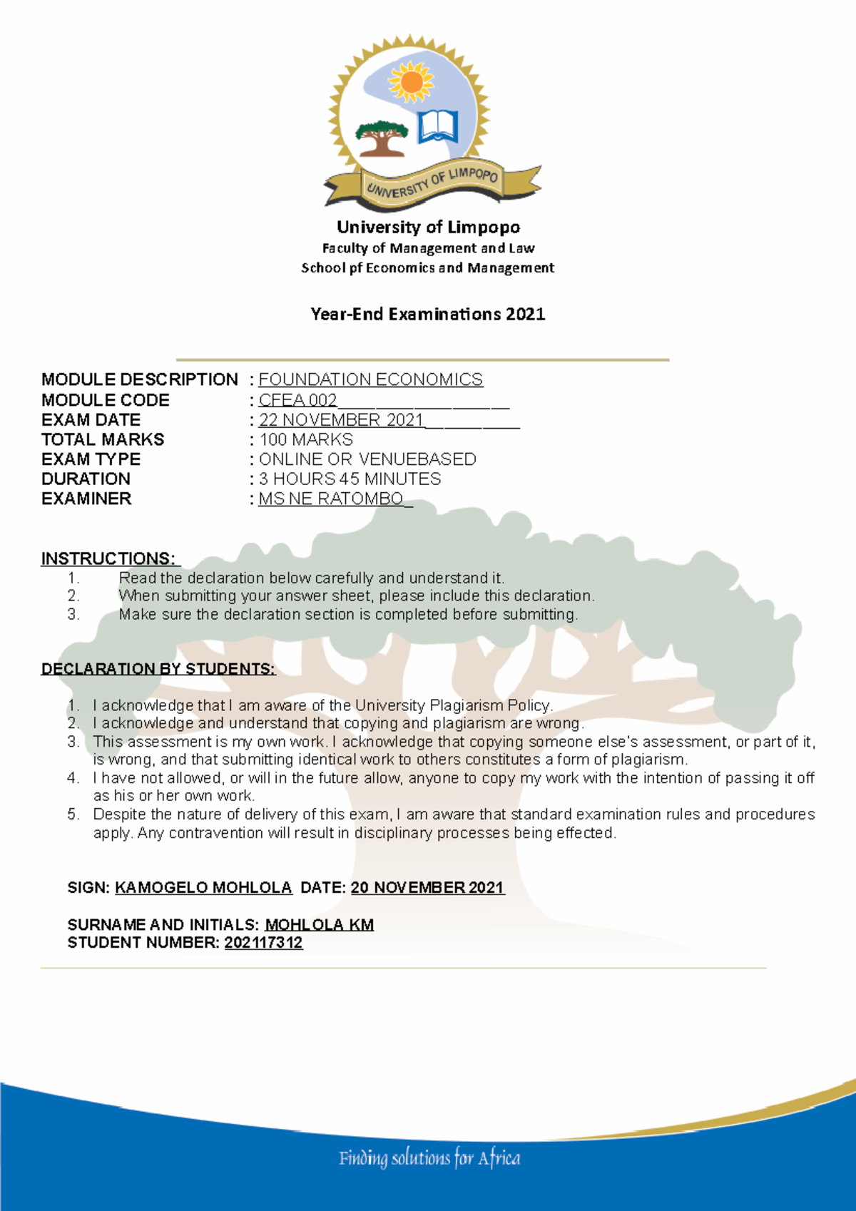CFEA 002 Exam Declaration Form - CACB 002 - UL - Studocu