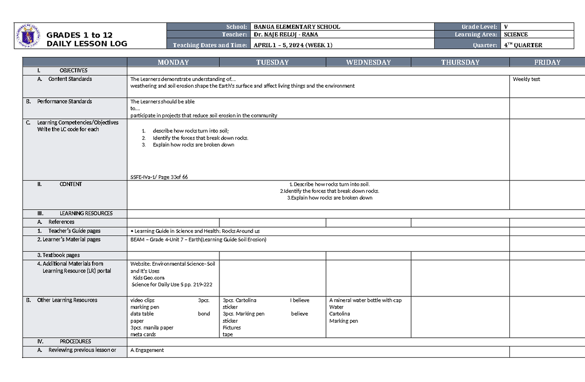 DLL Science 5 Q4 W1 - DLL - GRADES 1 to 12 DAILY LESSON LOG School ...