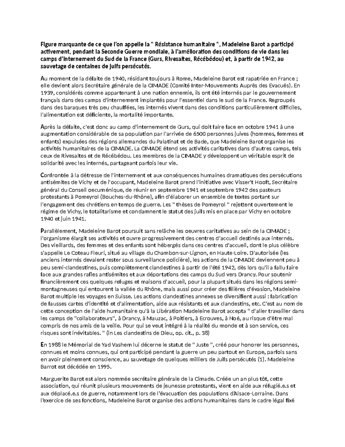 Madeleine barot - personnalité importante de la résistance pendant la ...