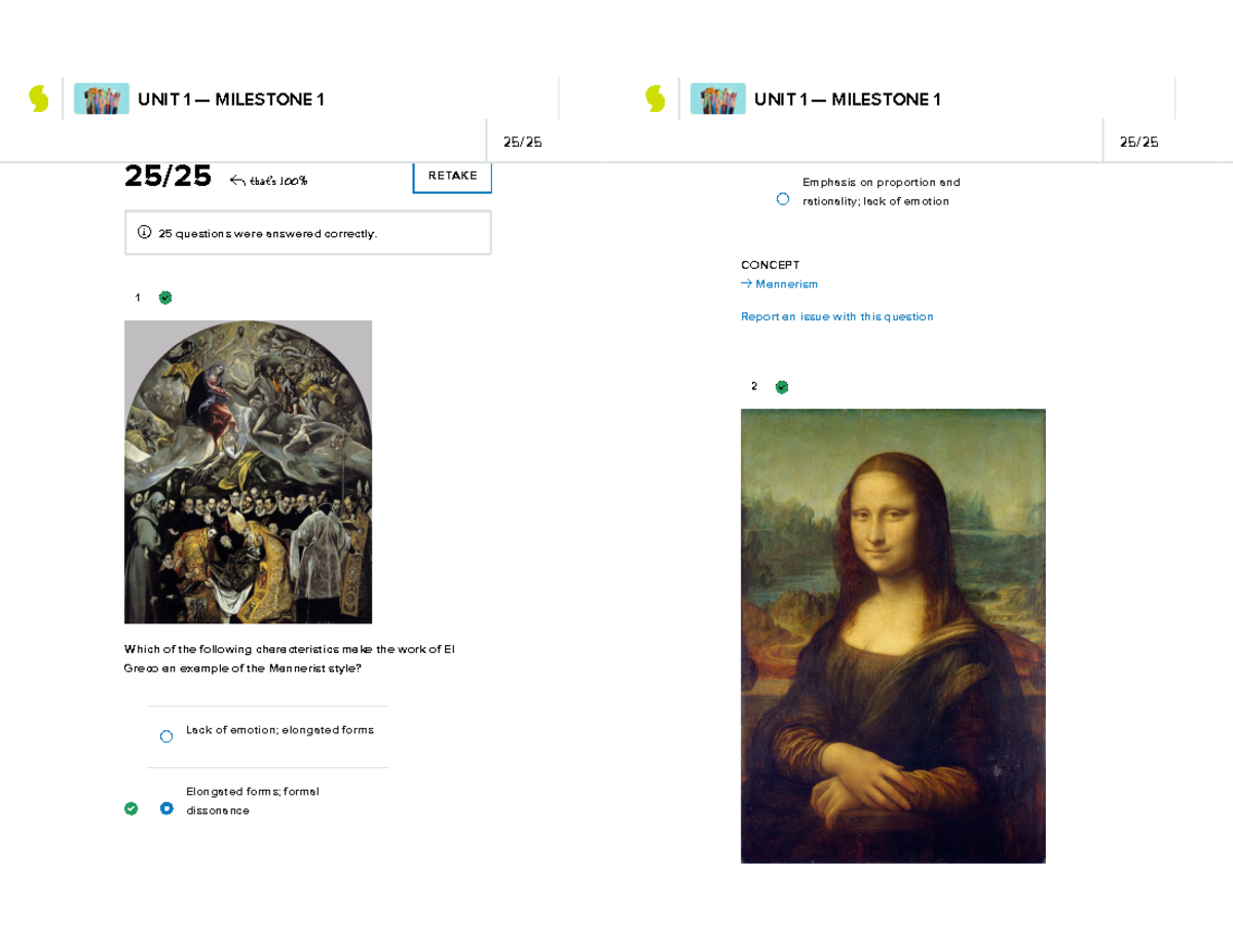Art History 2 Unit 1 Milestone 1 - 1 25 / 25 that's 100% RETAKE 25 ...