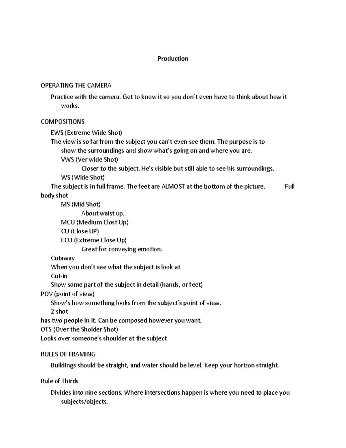 Intro to Video Production - Production OPERATING THE CAMERA Practice ...