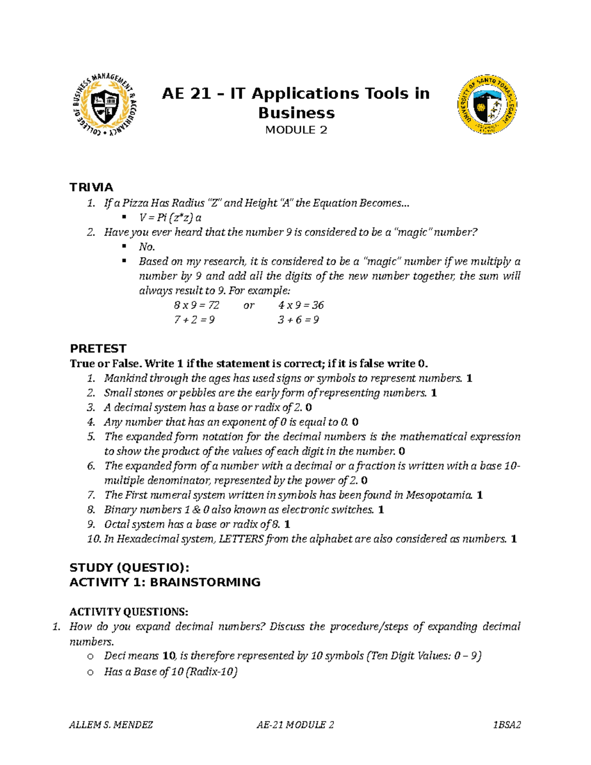 AE21-Module 2-Assignment - AE 21 – IT Applications Tools in Business ...