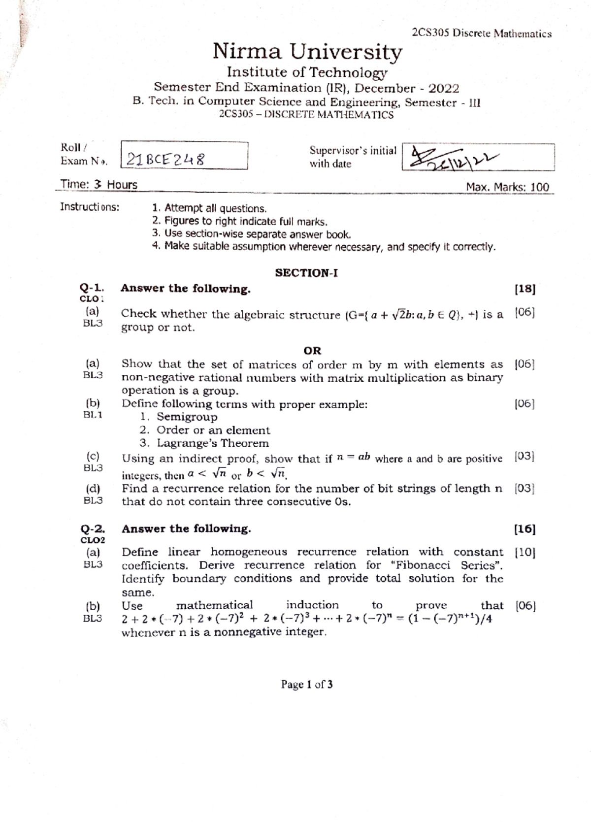Discrete mathematics paper - 2CS305 Discrete Mathematics Nirma ...