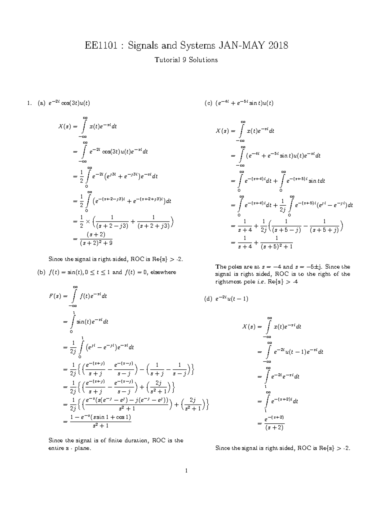 Tutorial-9-solutions - EE1101 : Signals and Systems JAN-MAY 2018 Tutorial 9 Solutions (a) e− 2 t ...