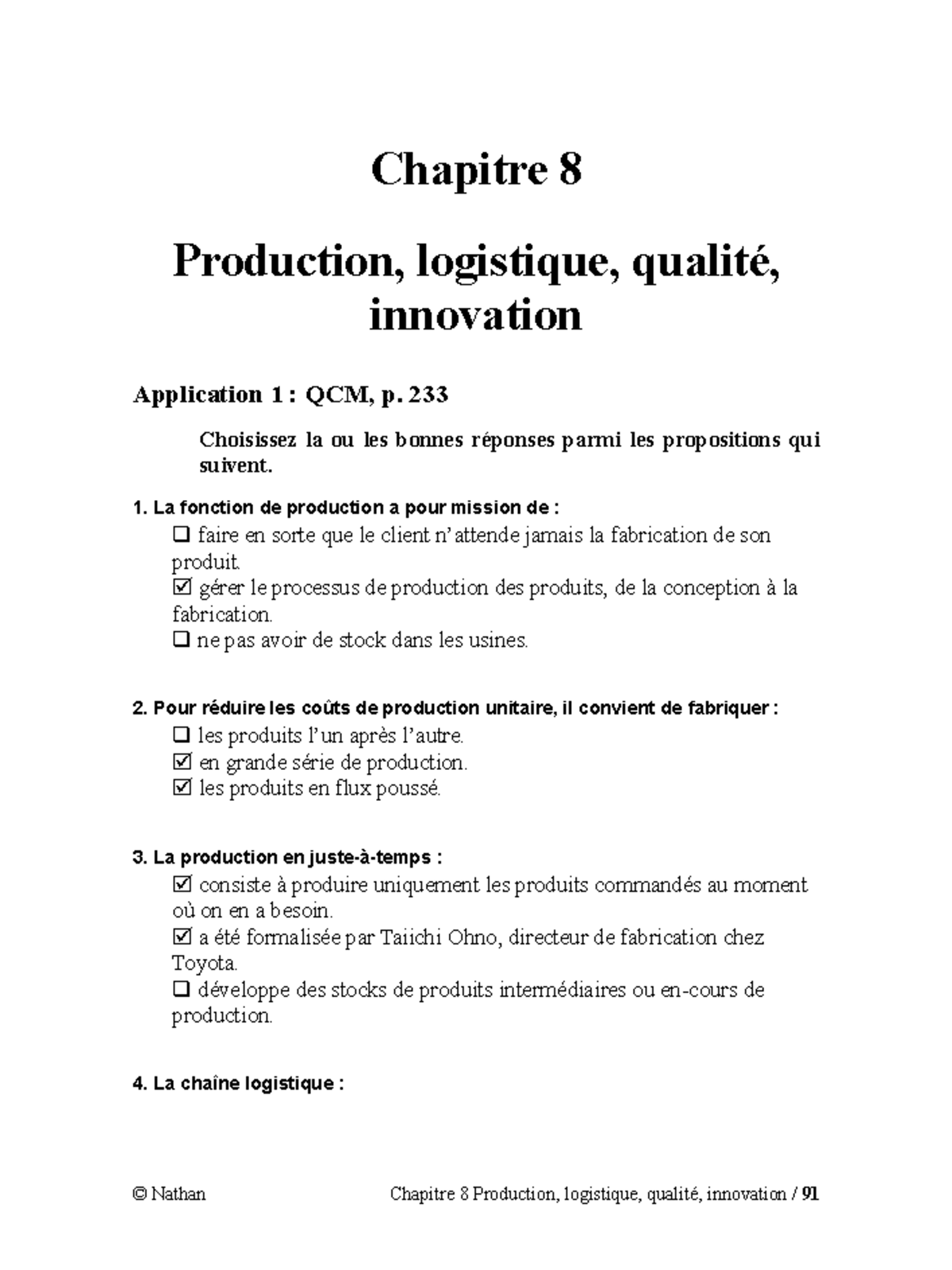 Production, logistique, qualité, innovation QCM - Chapitre 8 Production ...