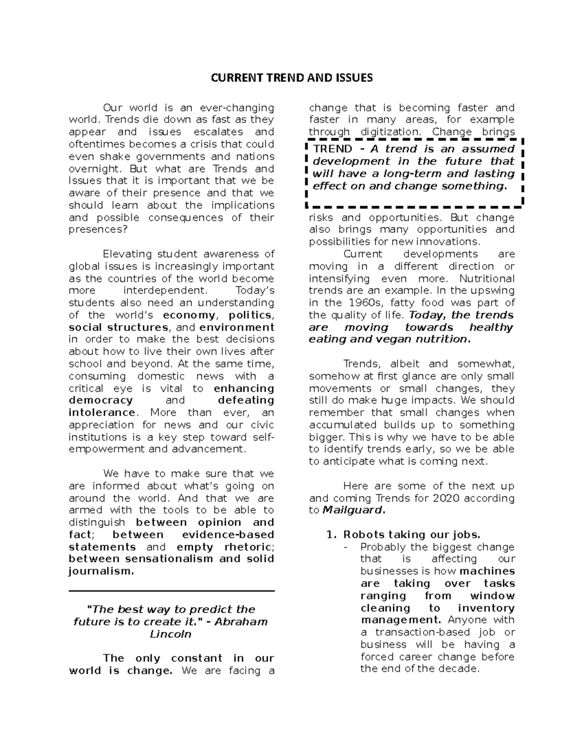 Current Trends and Issues Handouts - TREND - A trend is an assumed ...