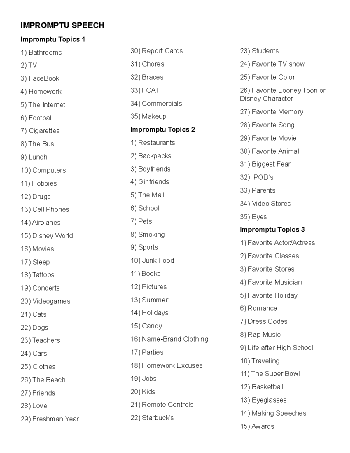 Impromptu Topics - n/a - IMPROMPTU SPEECH Impromptu Topics 1 Bathrooms ...