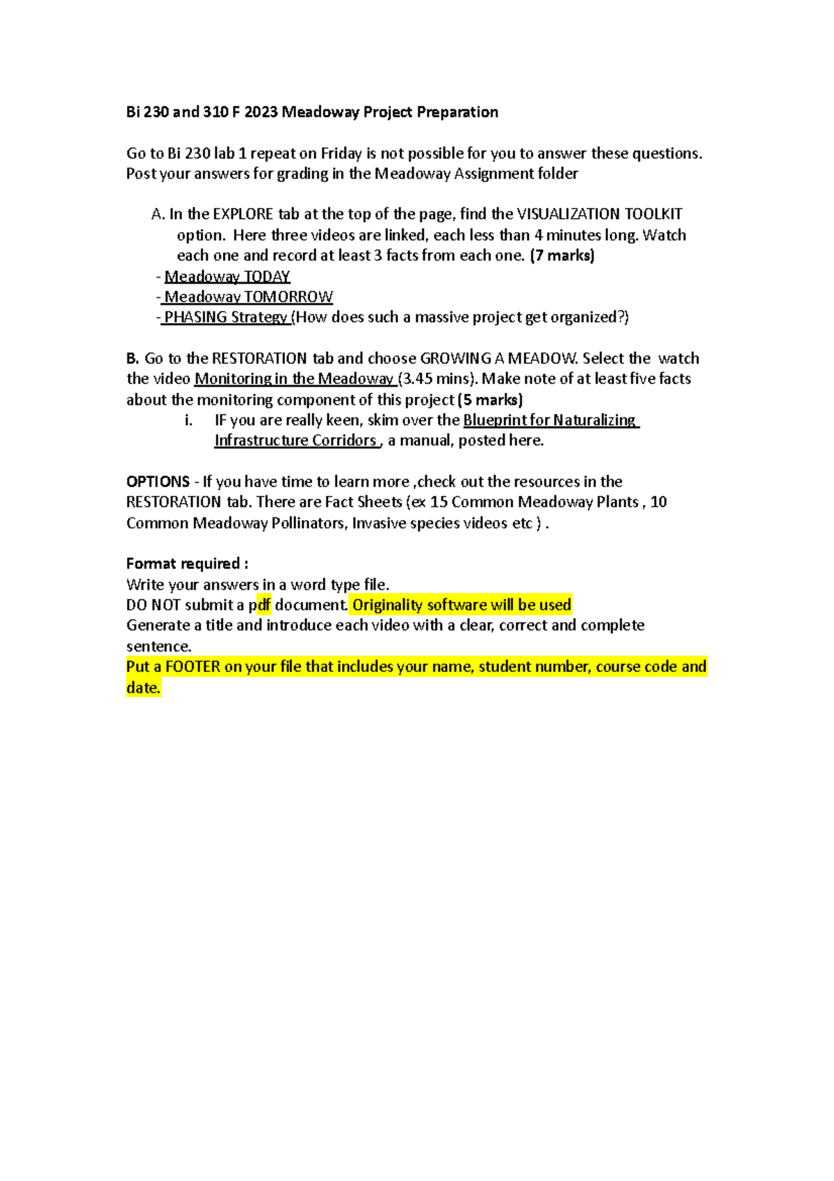 Meadoway Assignment (Sept 26 pre-lab rev) - Bi 230 and 310 F 2023 ...