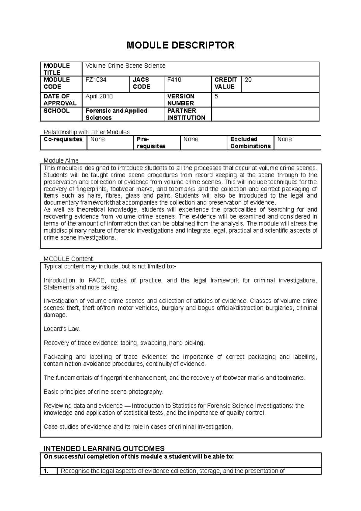 FZ1034 Volume Crime Scene Science - MODULE DESCRIPTOR MODULE TITLE ...