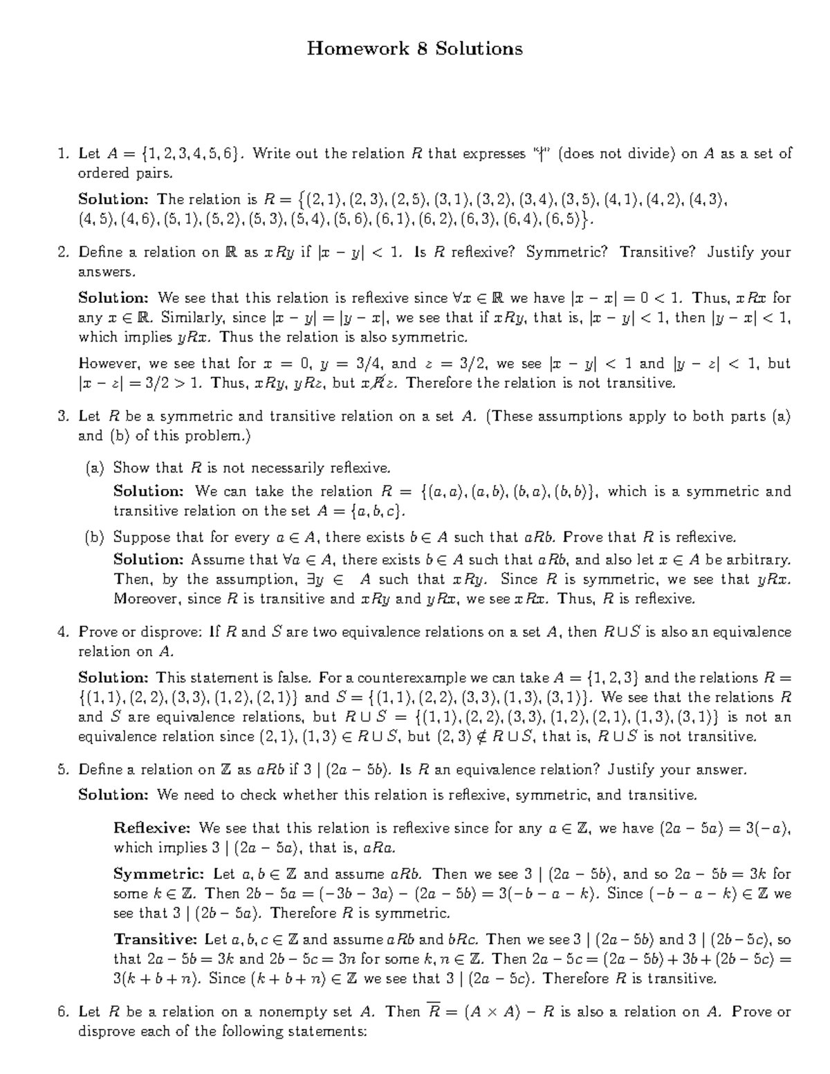 Solution 8 - sol8 - Homework 8 Solutions LetA={ 1 , 2 , 3 , 4 , 5 , 6 ...