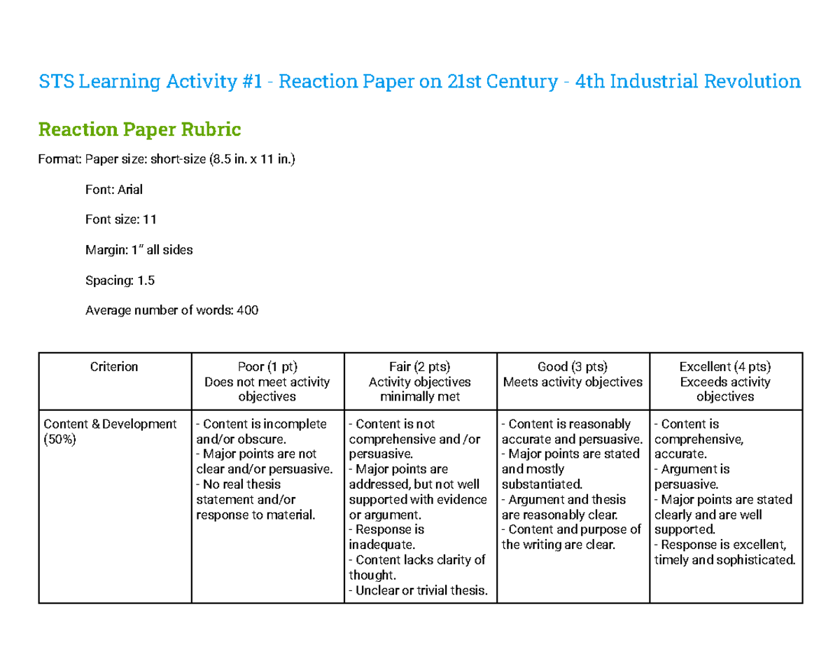 STS Learning Activity #1 - x 11 in.) Font: Arial Font size: 11 Margin ...
