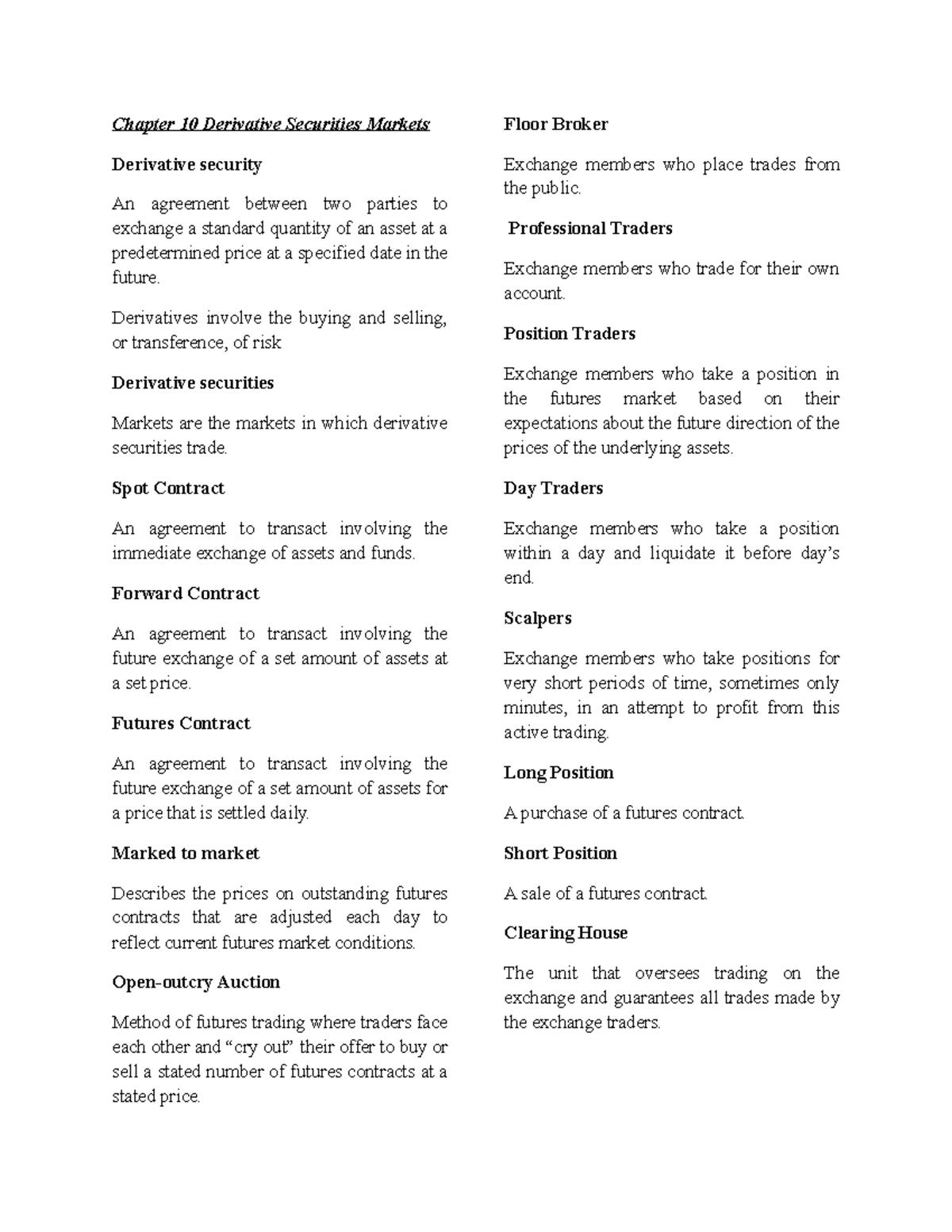 Chapter 10 Derivative Securities Markets - Chapter 10 Derivative Securities Markets Derivative ...