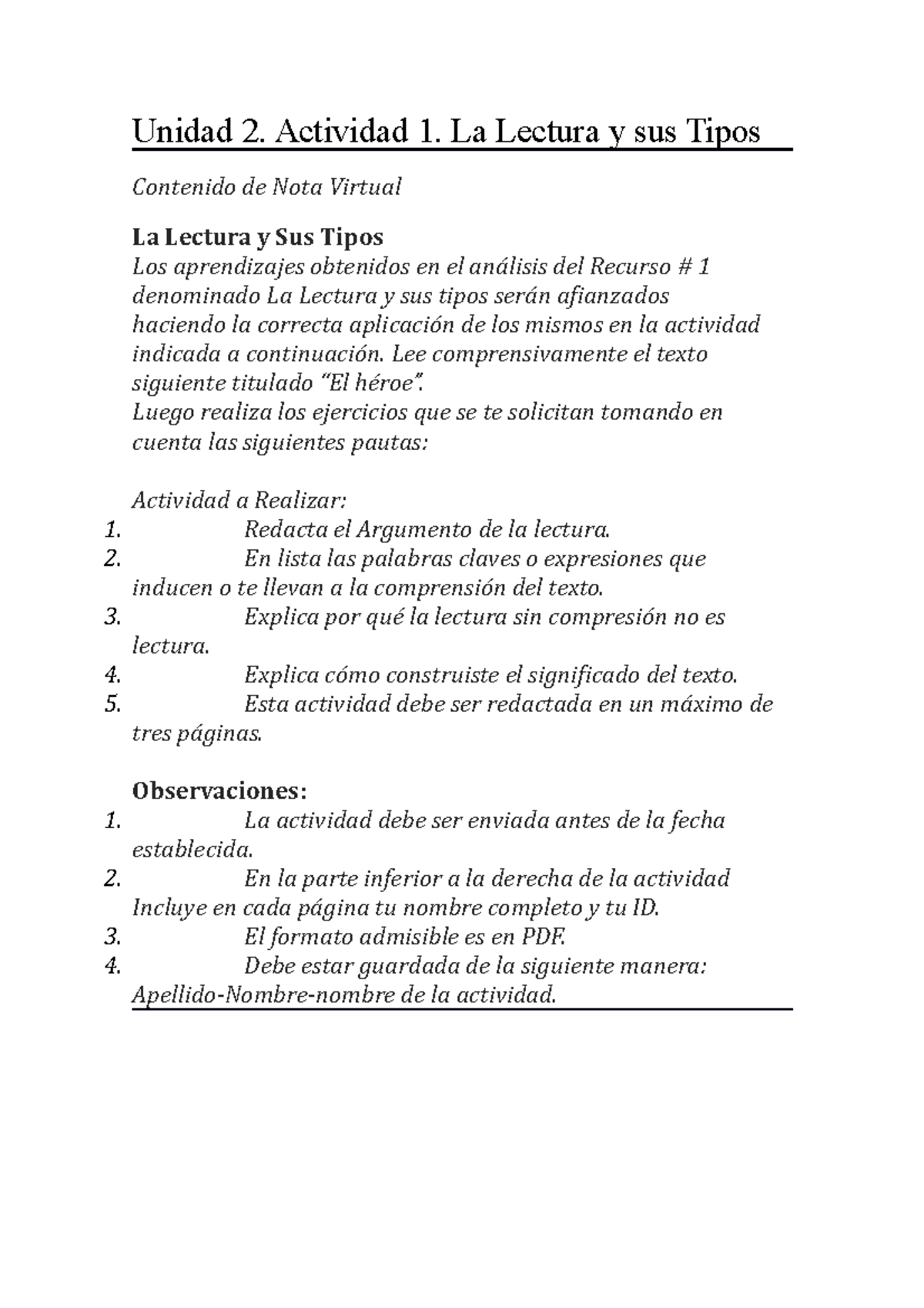 Unidad 2- Actividad 1-Realizar - Unidad 2. Actividad 1. La Lectura y ...
