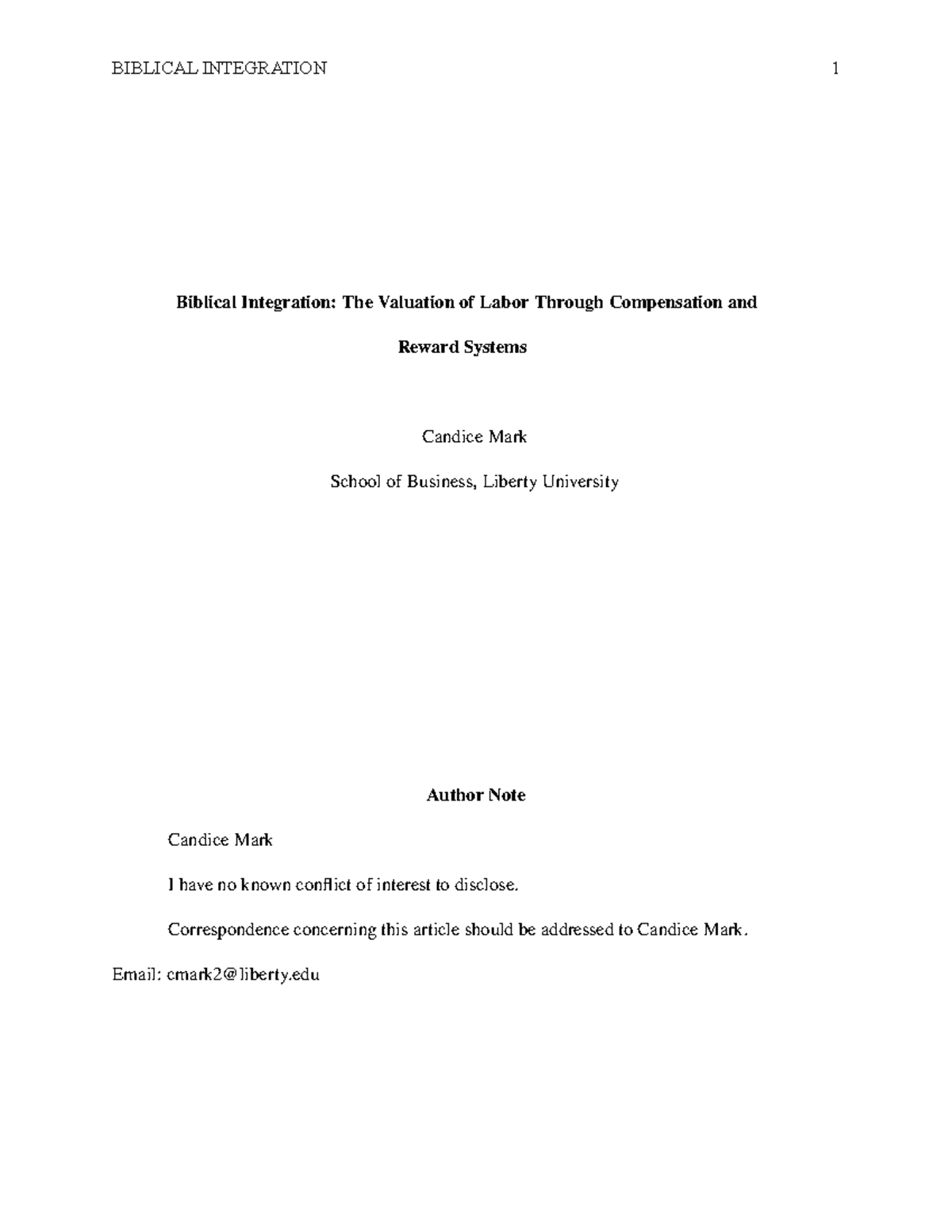 Biblical Integration Paper - Biblical Integration: The Valuation of ...