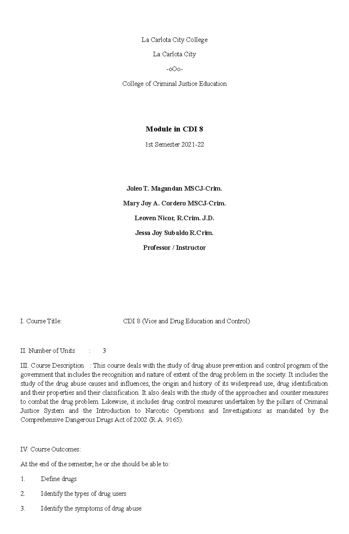 Cdi-8-module - Comprehensive Dangerous Drugs - La Carlota City College La Carlota City -oOo ...