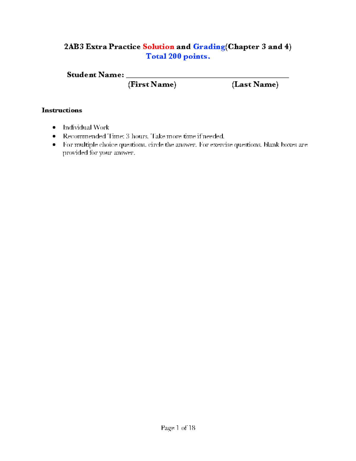 Practice for Chapter 3 and 4 - answer and grading - 2AB3 Extra Practice ...