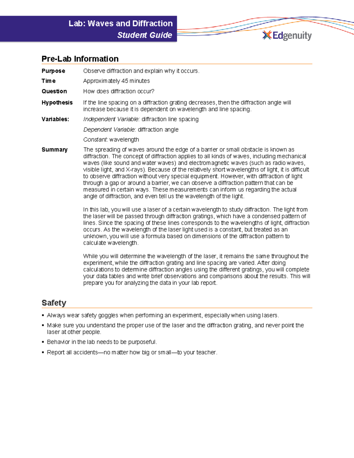 Wet Lab Guide - Waves and Diffraction- SG - Lab: Waves and Diffraction Student Guide Pre-Lab ...
