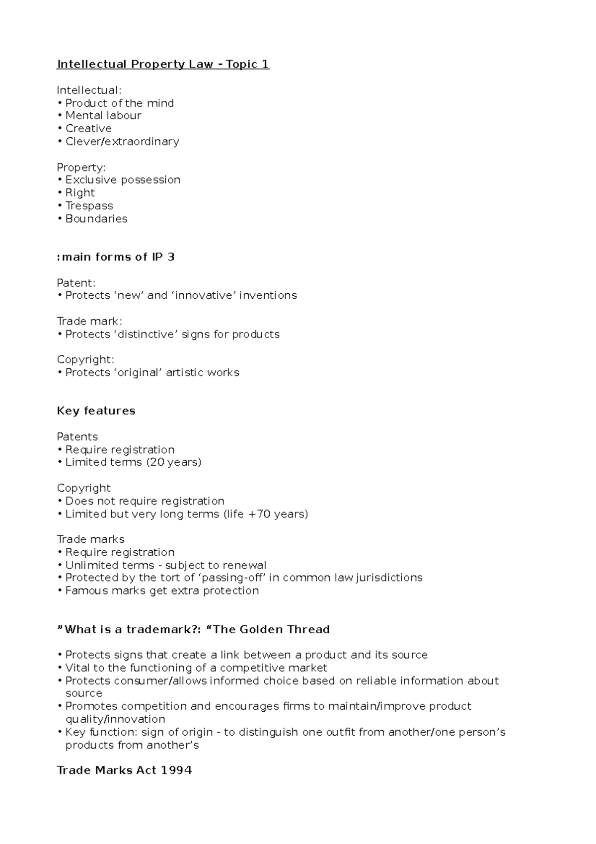 Intellectual Property topic 1 - Intellectual Property Law - Topic 1 ...