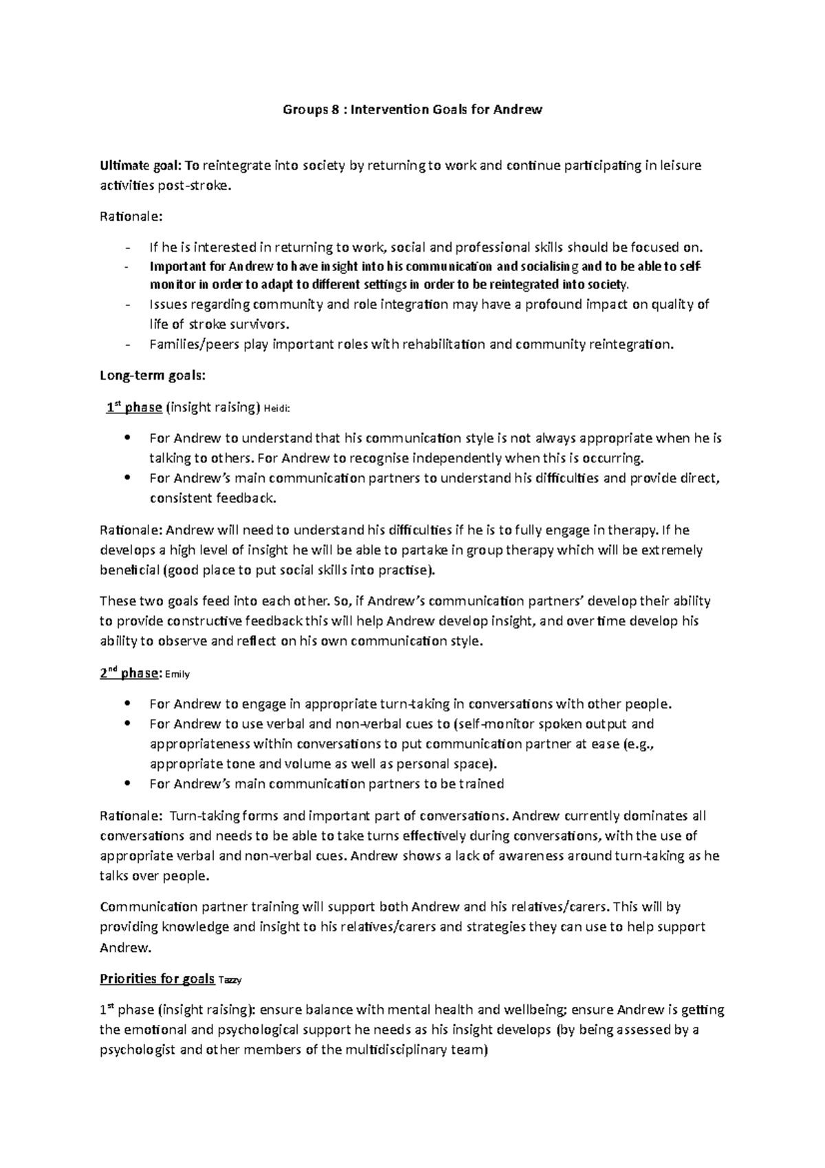 Cognitive communication Presentation - Groups 8 : Intervention Goals ...