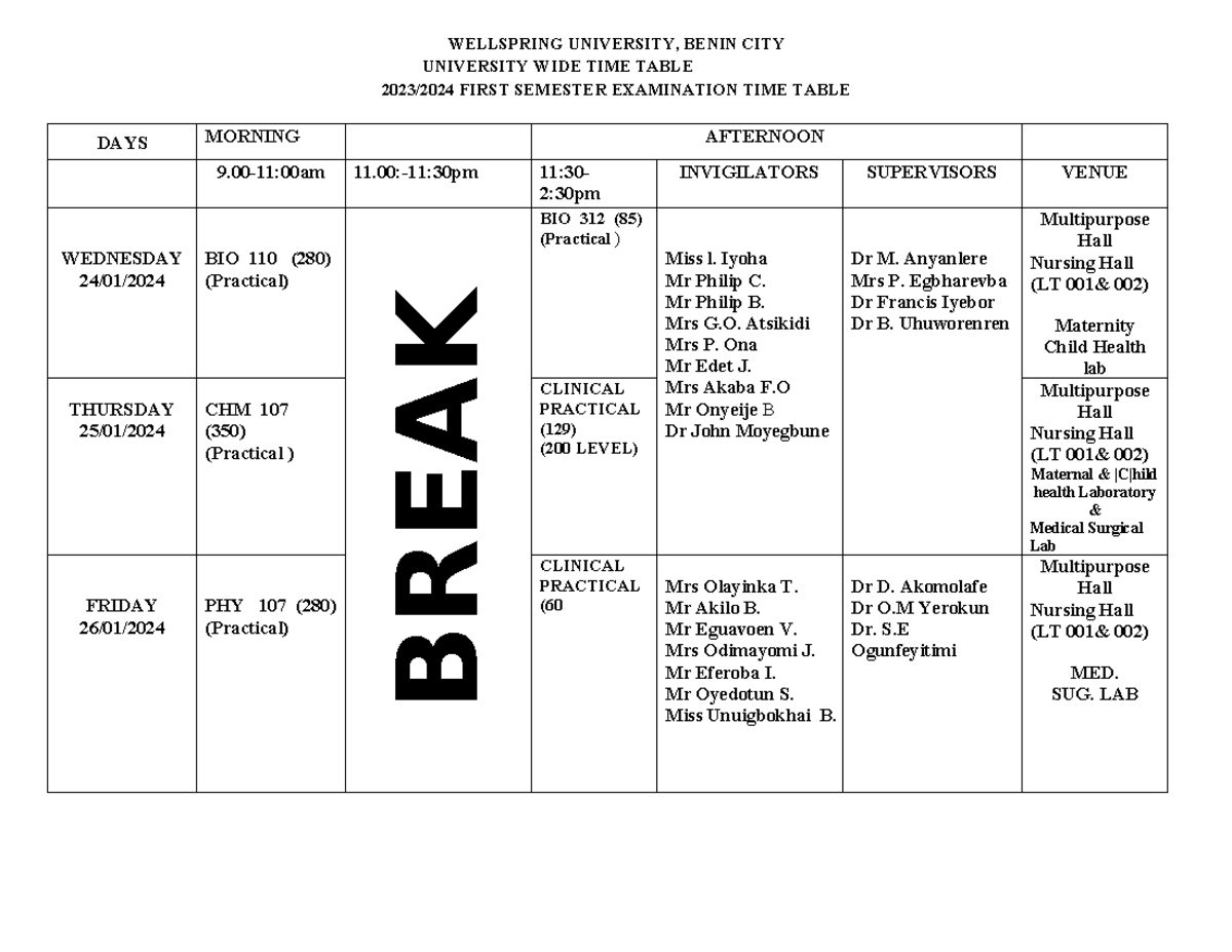 23 49 33 29 03 2024 2023-2024 First Semester EXAM Timetable ...