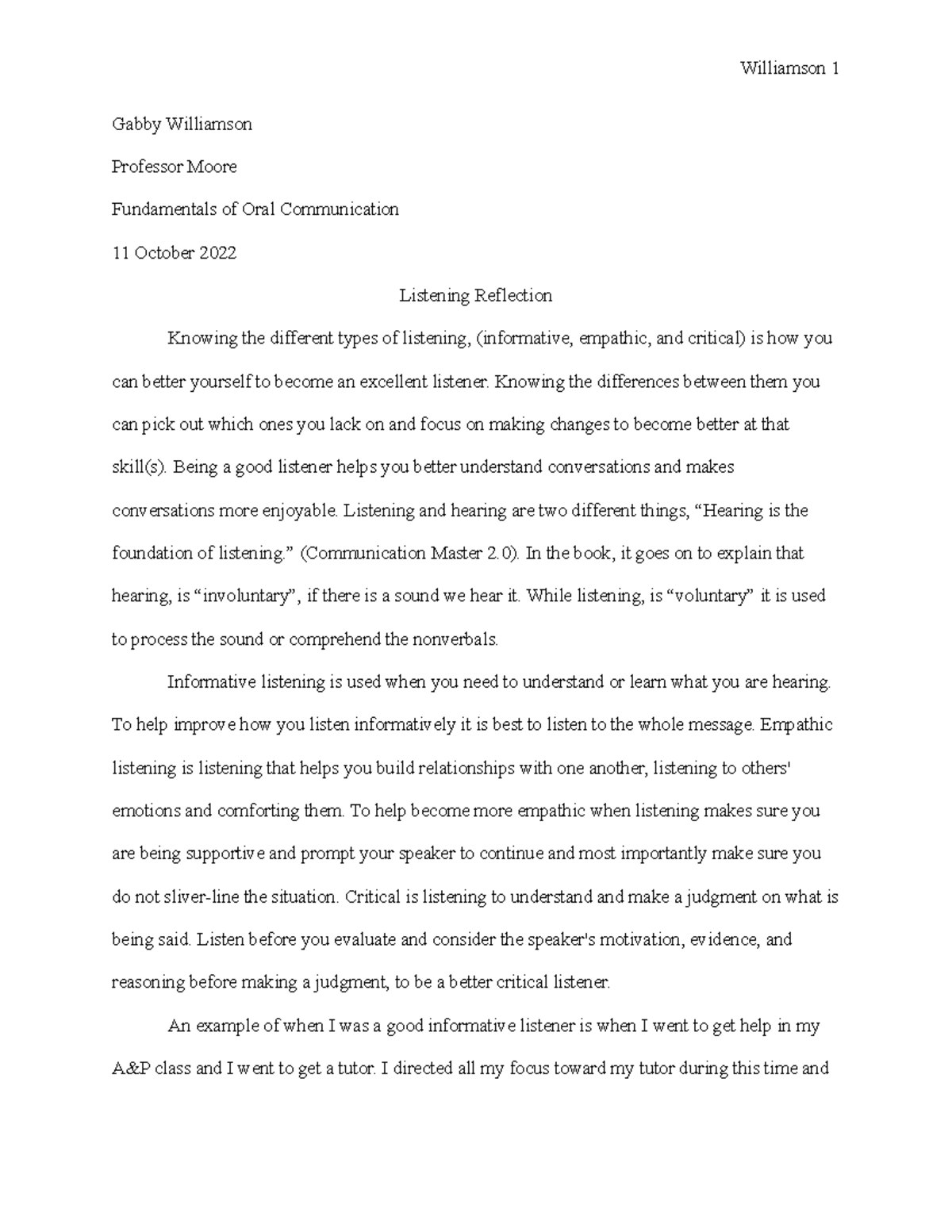 Listening Reflection - Gabby Williamson Professor Moore Fundamentals of ...