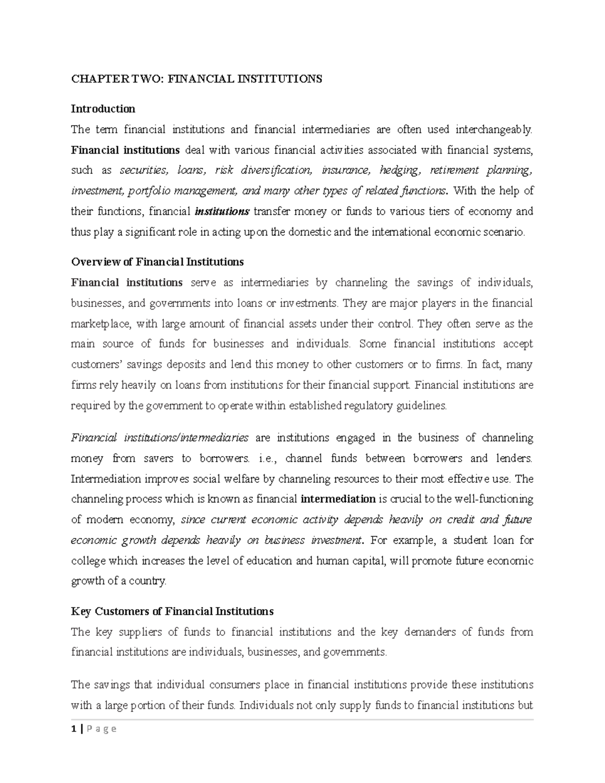 Chapter 2 FIM from class - CHAPTER TWO: FINANCIAL INSTITUTIONS ...