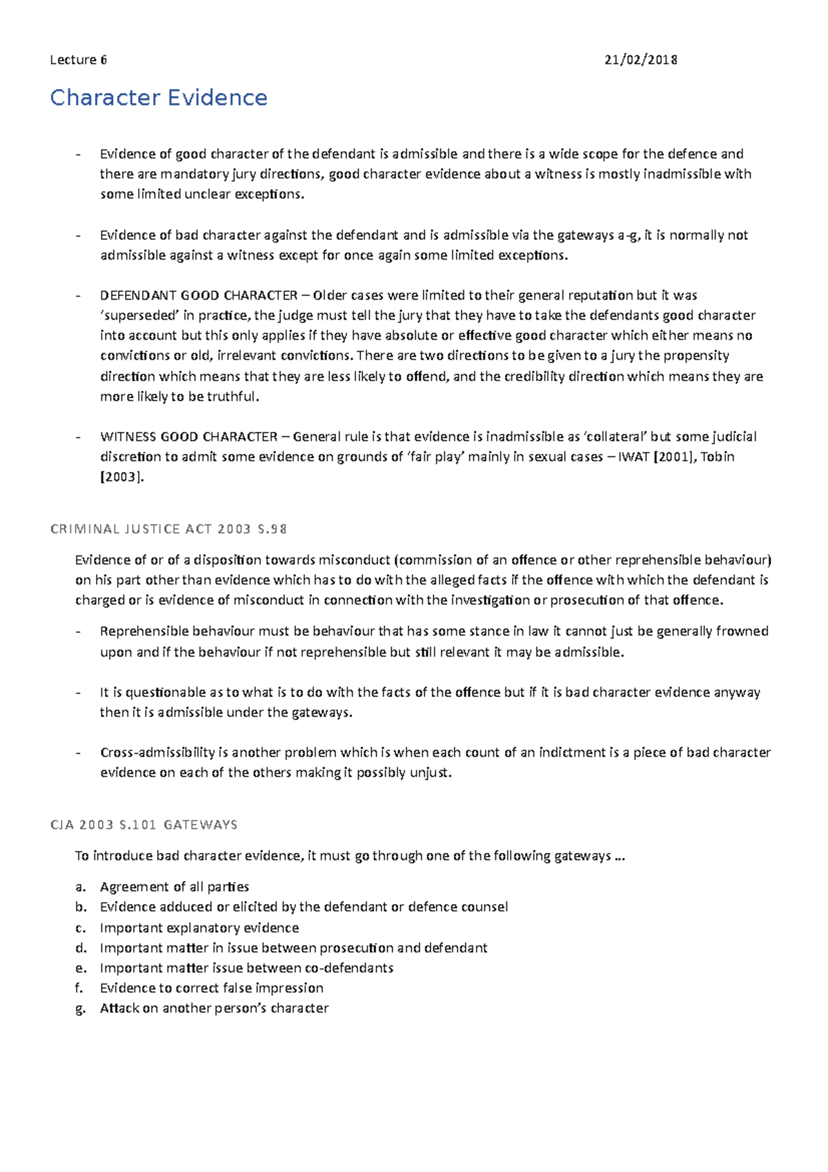 6. Character Evidence Points - Lecture 6 21/02/2018 Character Evidence ...