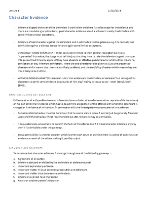 Lecture 12- Evidence of Character - Evidence of Character Evidence of ...