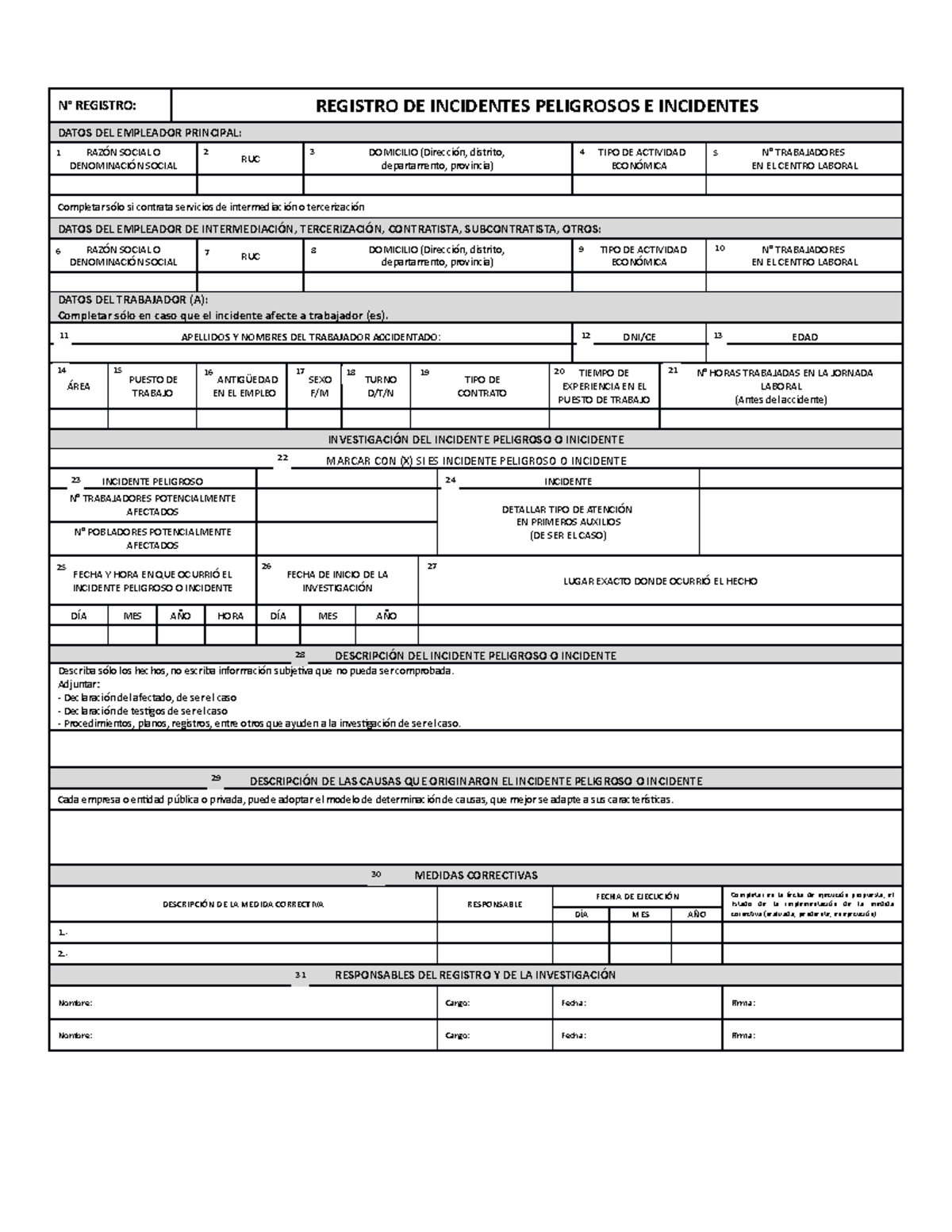 Registro de incidentes peligrosos e incidentes - N° REGISTRO: REGISTRO ...