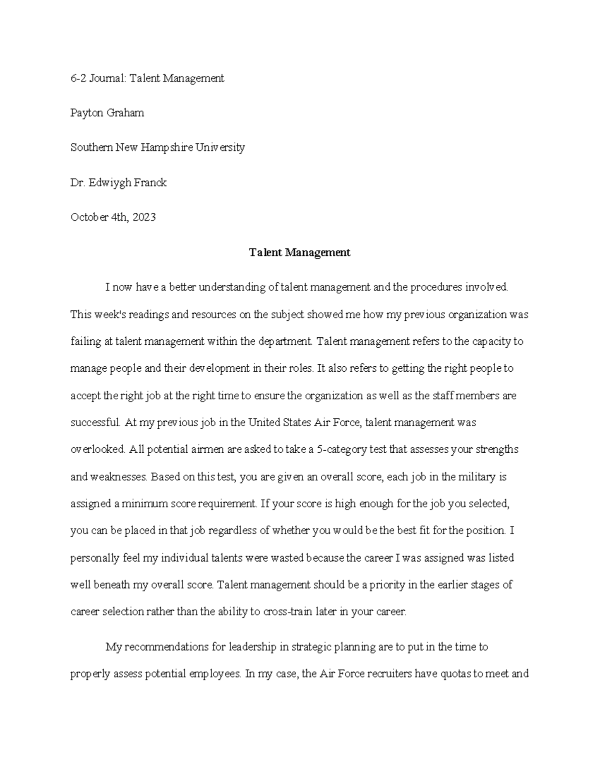 6-2 Journal Talent Management Payton Graham - 6-2 Journal: Talent ...
