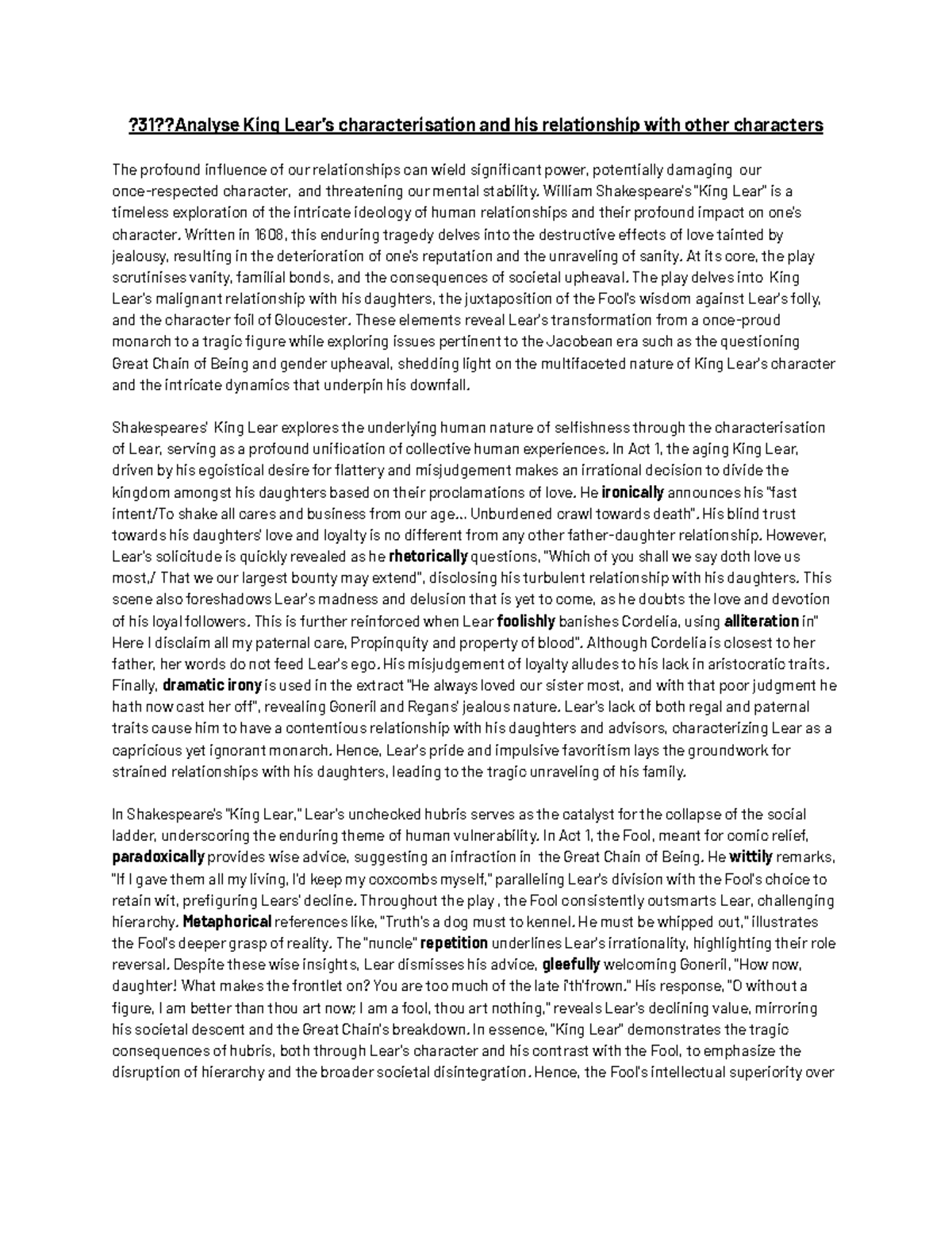 English Essay for King Lear - ?31??Analyse King Lear's characterisation ...