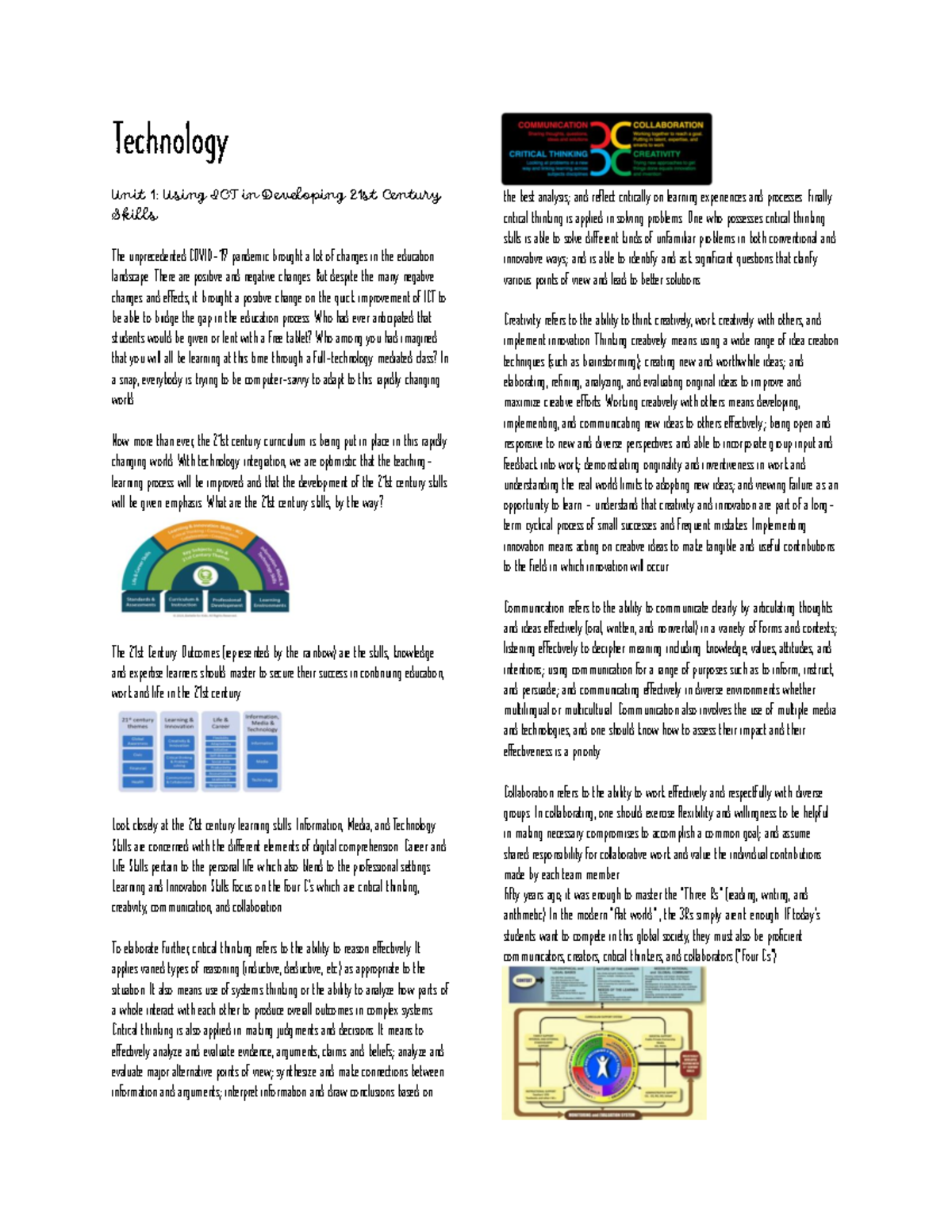 Week 1 - Notes for technology and other subject areas - Technology Unit ...