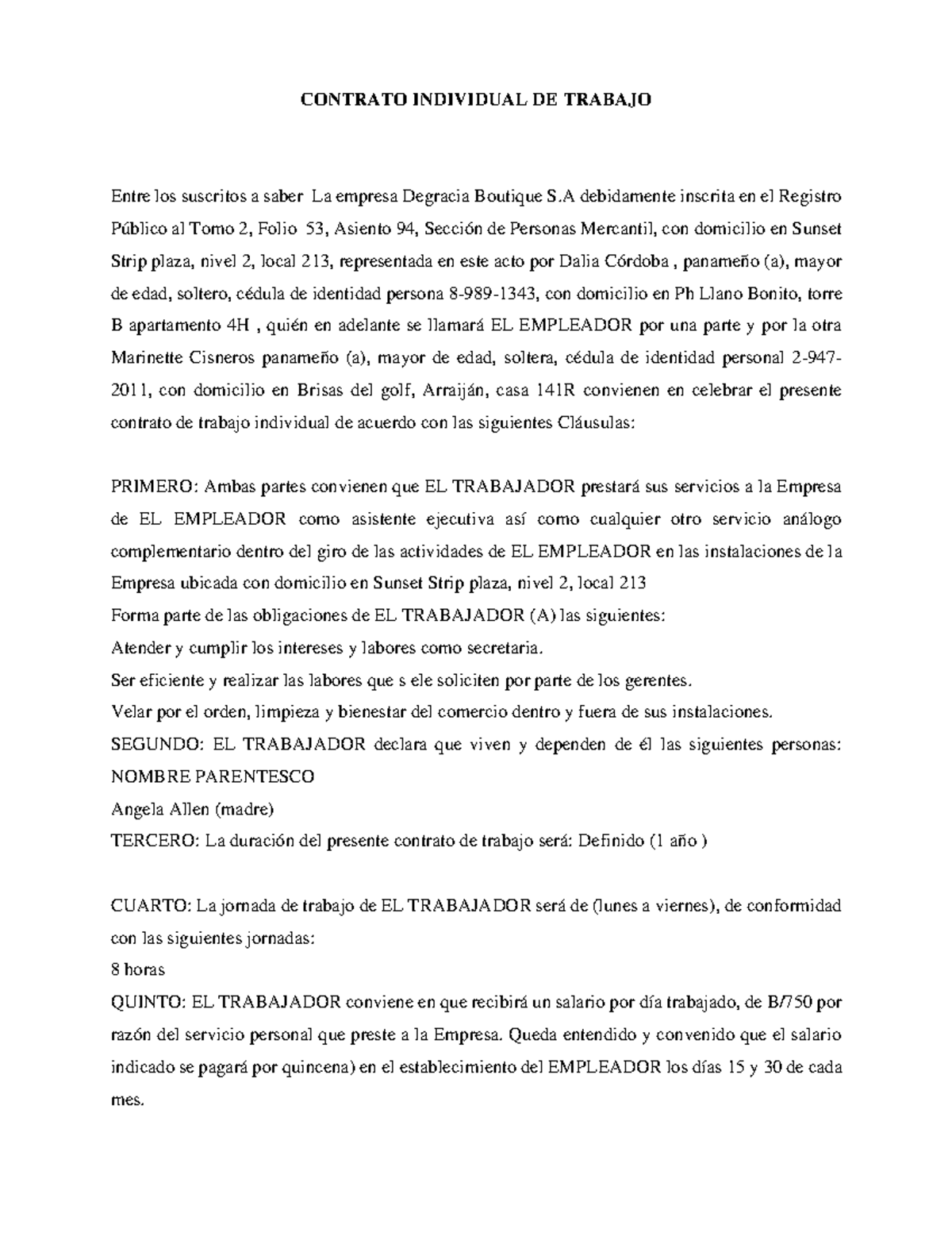 Contrato Individual DE Trabajo Individuales 4 - CONTRATO INDIVIDUAL DE ...