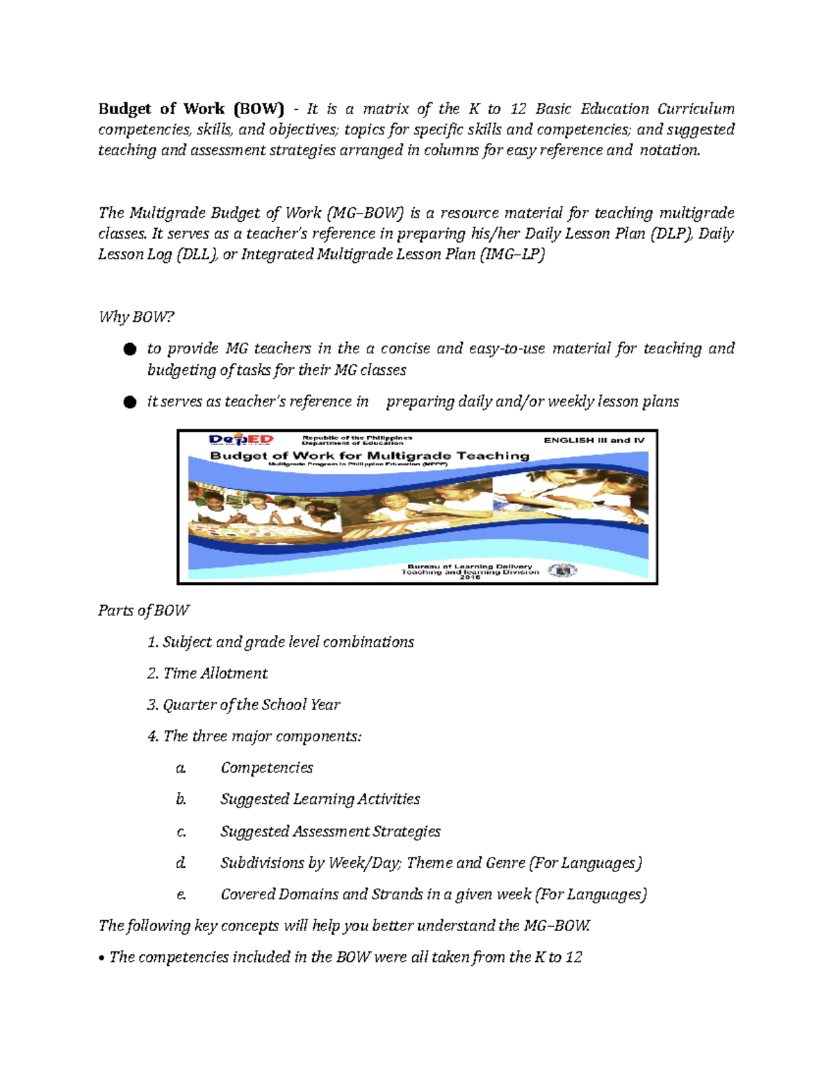 Budget-of-Work - Some help to your study - Budget of Work (BOW) - It is ...